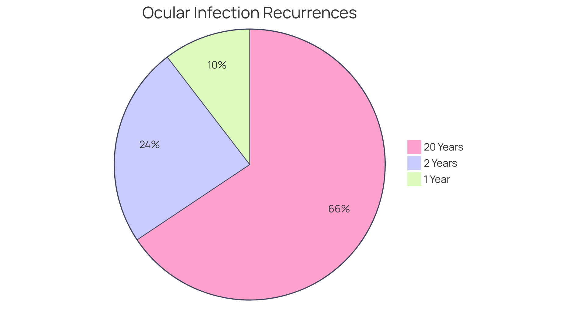 Each slice of the pie shows how often ocular viral infections can recur over time. The larger the slice, the more common that recurrence rate is. For example, the biggest slice (63%) indicates that many people may experience a recurrence within twenty years.