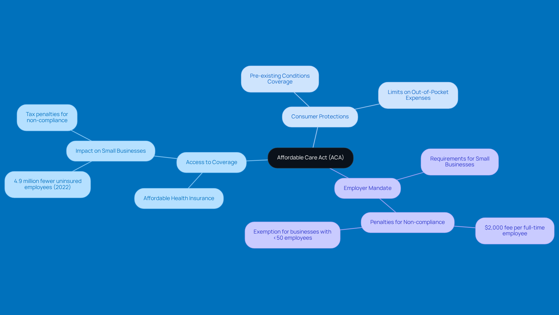 The center represents the ACA, and each branch shows a key principle. The sub-branches provide more details about each principle, helping you understand how they connect to the overall goal of improving healthcare.