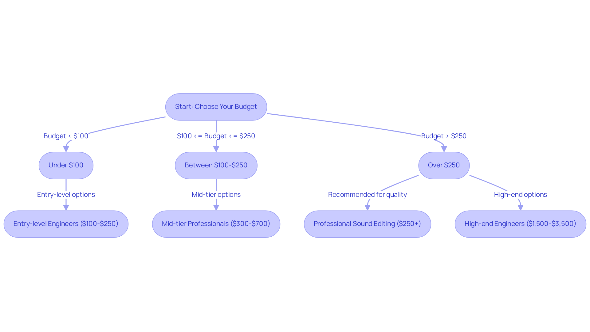 This flowchart guides you through selecting audio engineering services based on your budget. Follow the arrows to see what options are available for each price range, helping you make an informed decision.