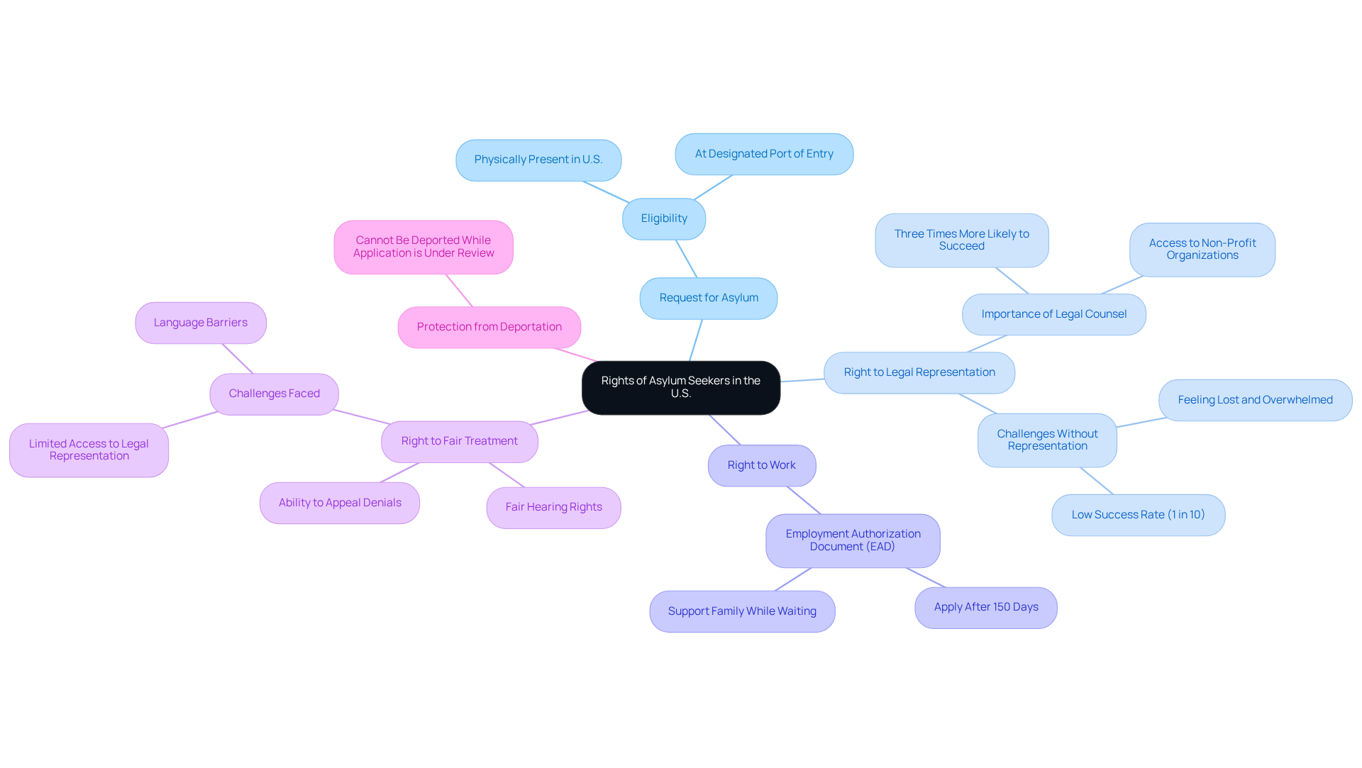 This mindmap shows the essential rights that asylum seekers have in the U.S. Each branch represents a different right, and the sub-branches provide more details about what that right entails. Follow the branches to understand how these rights help asylum seekers navigate the immigration system.
