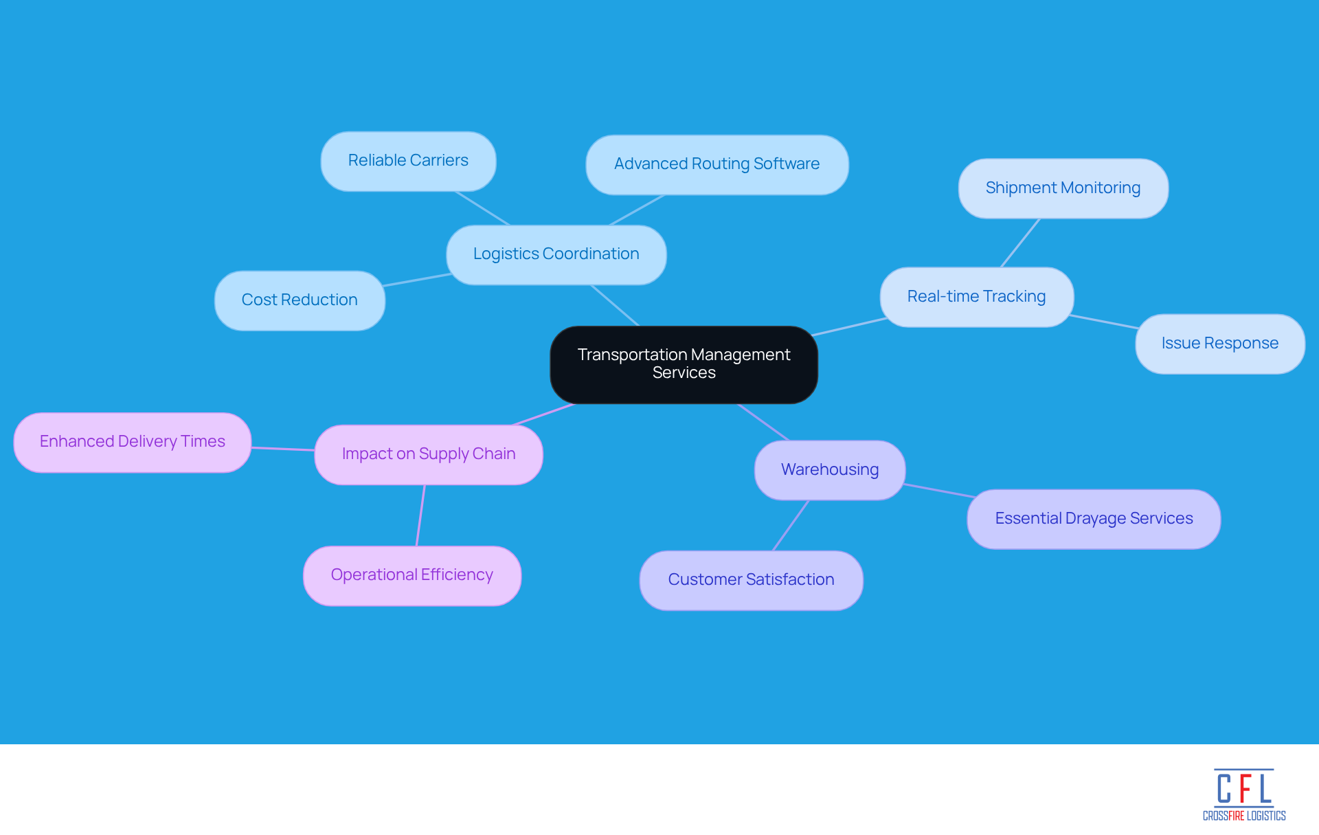 The central node represents the main service, while branches show the different aspects that contribute to efficient deliveries. Each color-coded branch helps you see how these components work together.