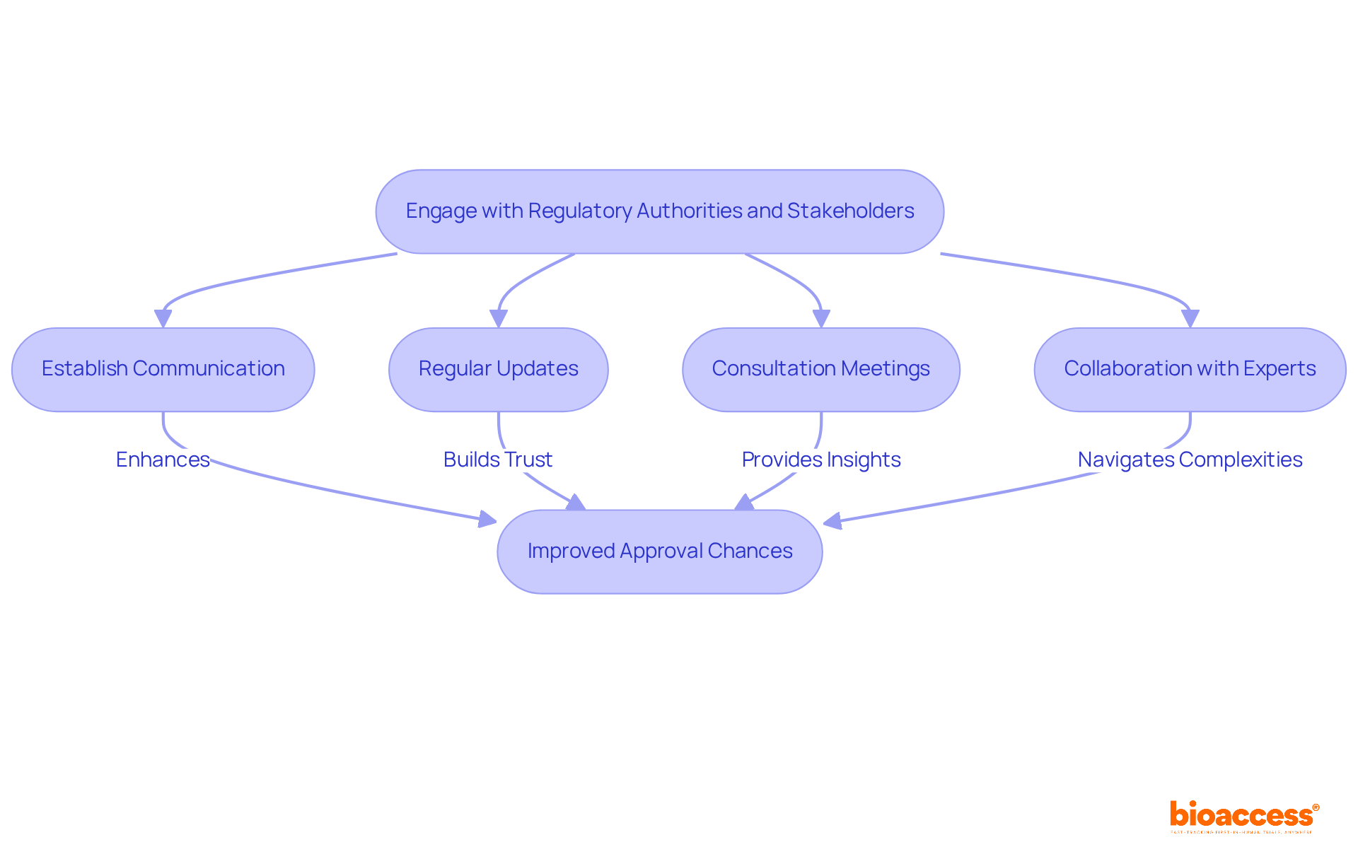 Each box represents a strategy you can use to engage with authorities and stakeholders. Follow the arrows to see how these strategies connect to your goal of a successful approval process.