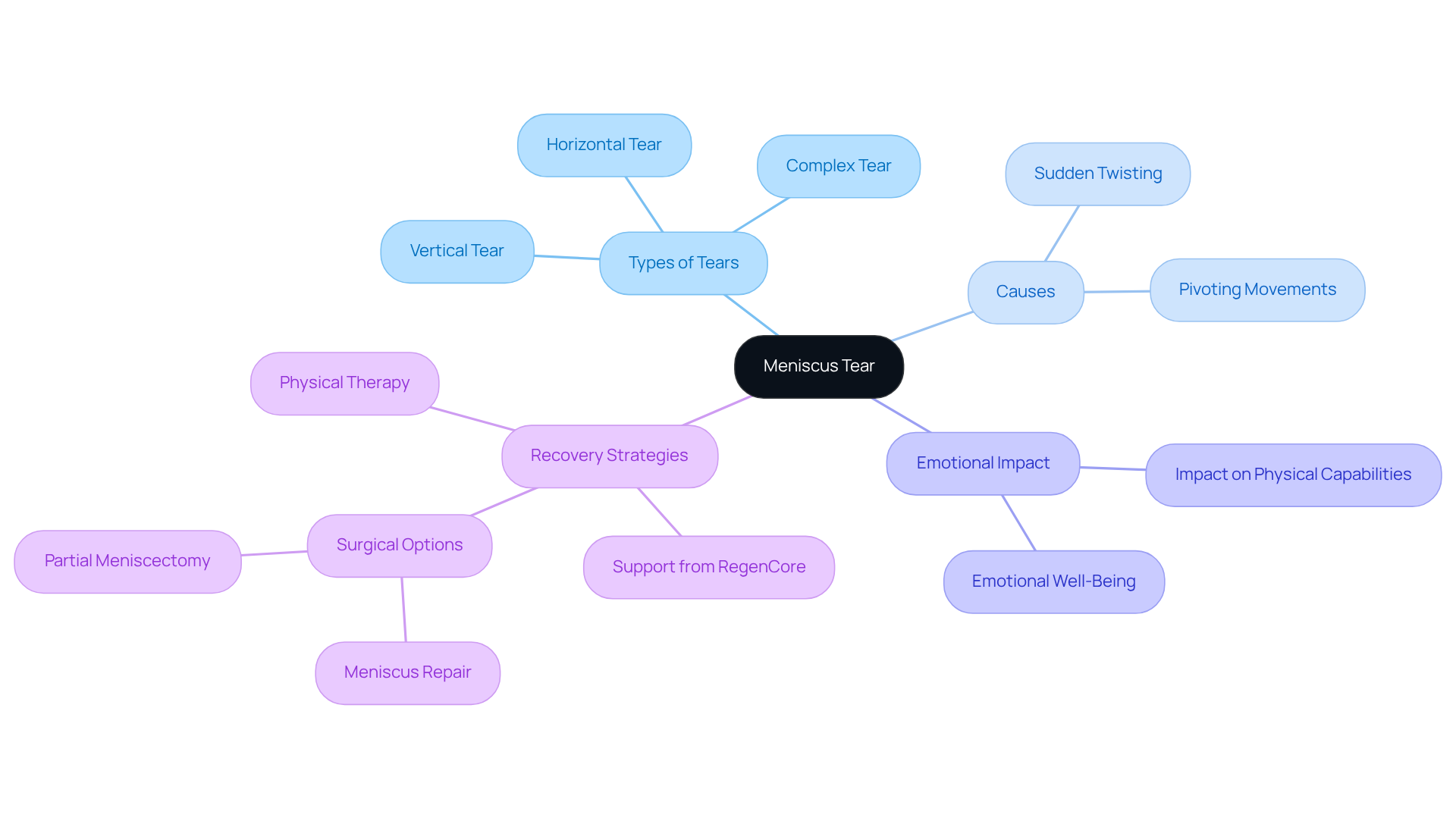 The center represents the main injury, and the branches show different aspects related to it. Each branch helps you understand the types of tears, what causes them, how they affect you emotionally, and ways to recover. The center represents the main injury, and the branches show different aspects related to it. Each branch helps you understand the types of tears, what causes them, how they affect you emotionally, and ways to recover.