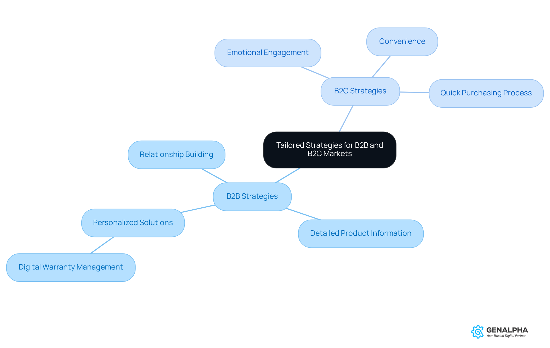 The central node represents the overall theme of tailored strategies. The branches show the different approaches for B2B and B2C markets, with sub-branches detailing specific tactics and focuses for each.