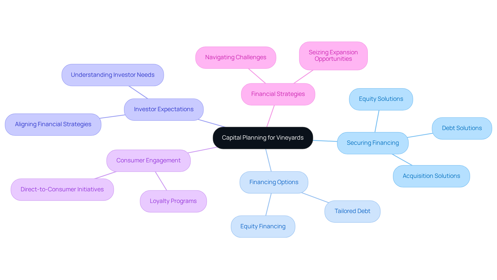 At the center is the concept of capital planning, with branches showing key aspects like financing options and strategies. Each branch represents a vital area that contributes to the overall success of vineyards in securing funding. At the center is the concept of capital planning, with branches showing key aspects like financing options and strategies. Each branch represents a vital area that contributes to the overall success of vineyards in securing funding.