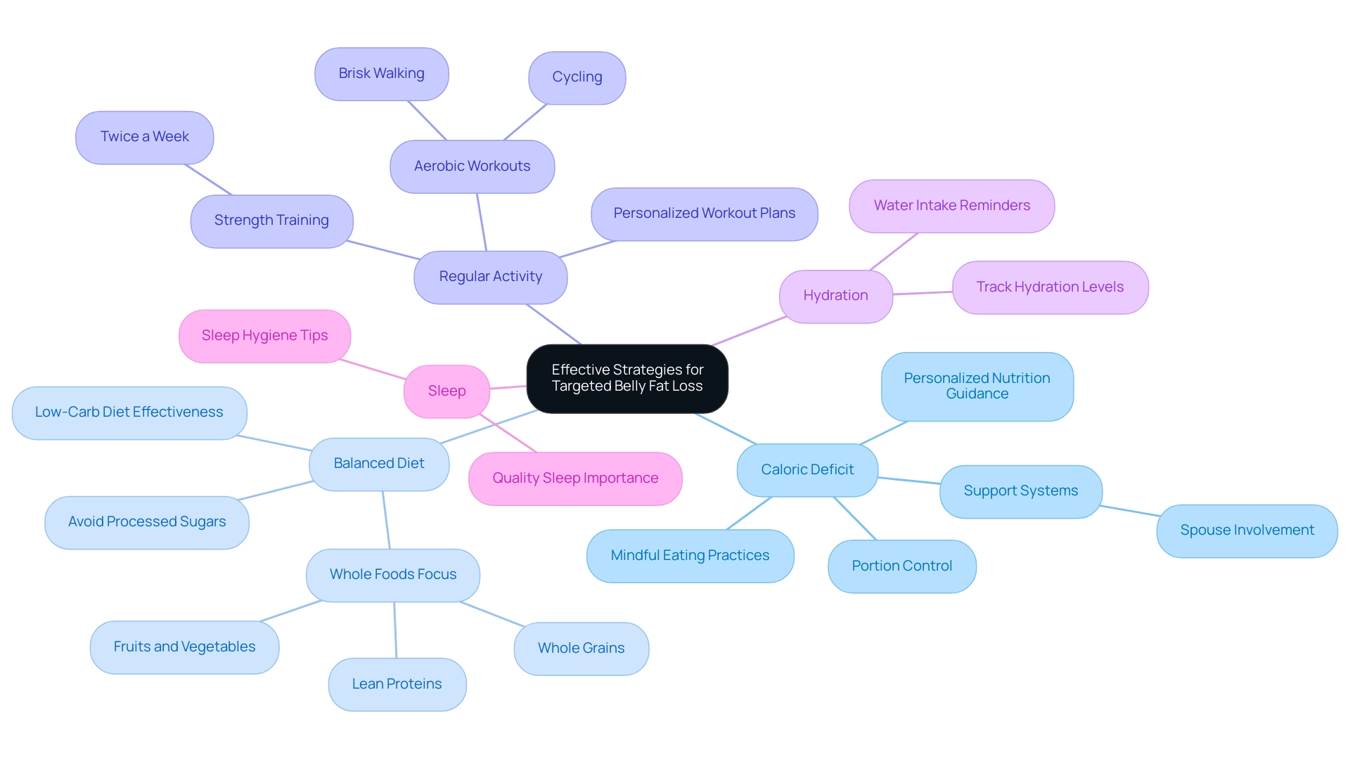 Each branch represents a strategy for targeting belly fat, with sub-branches detailing specific actions or features.