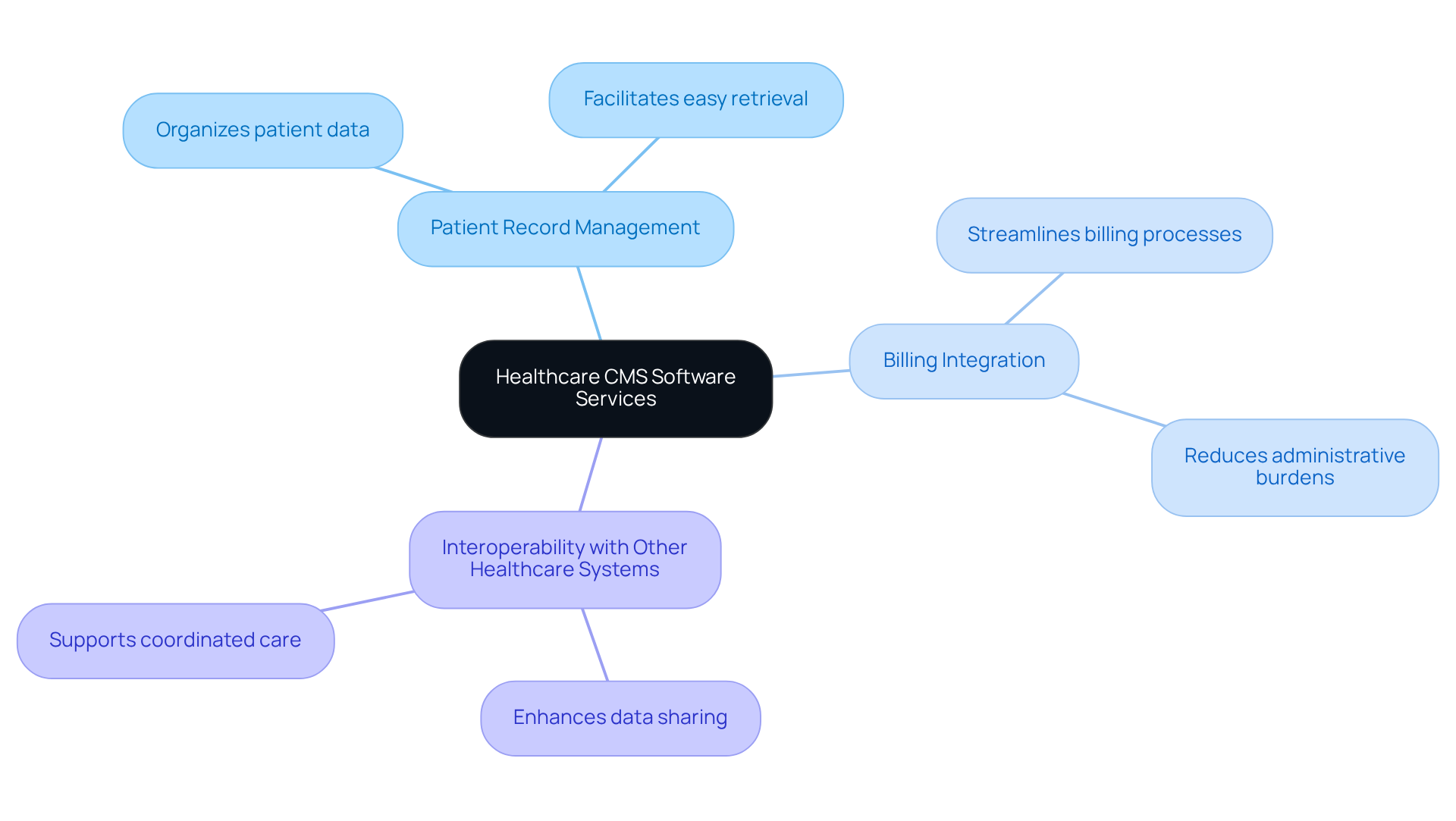 The central node represents the main topic, while the branches show the key functionalities of the software. Each branch highlights how these functionalities support healthcare providers in managing patient information and improving care.