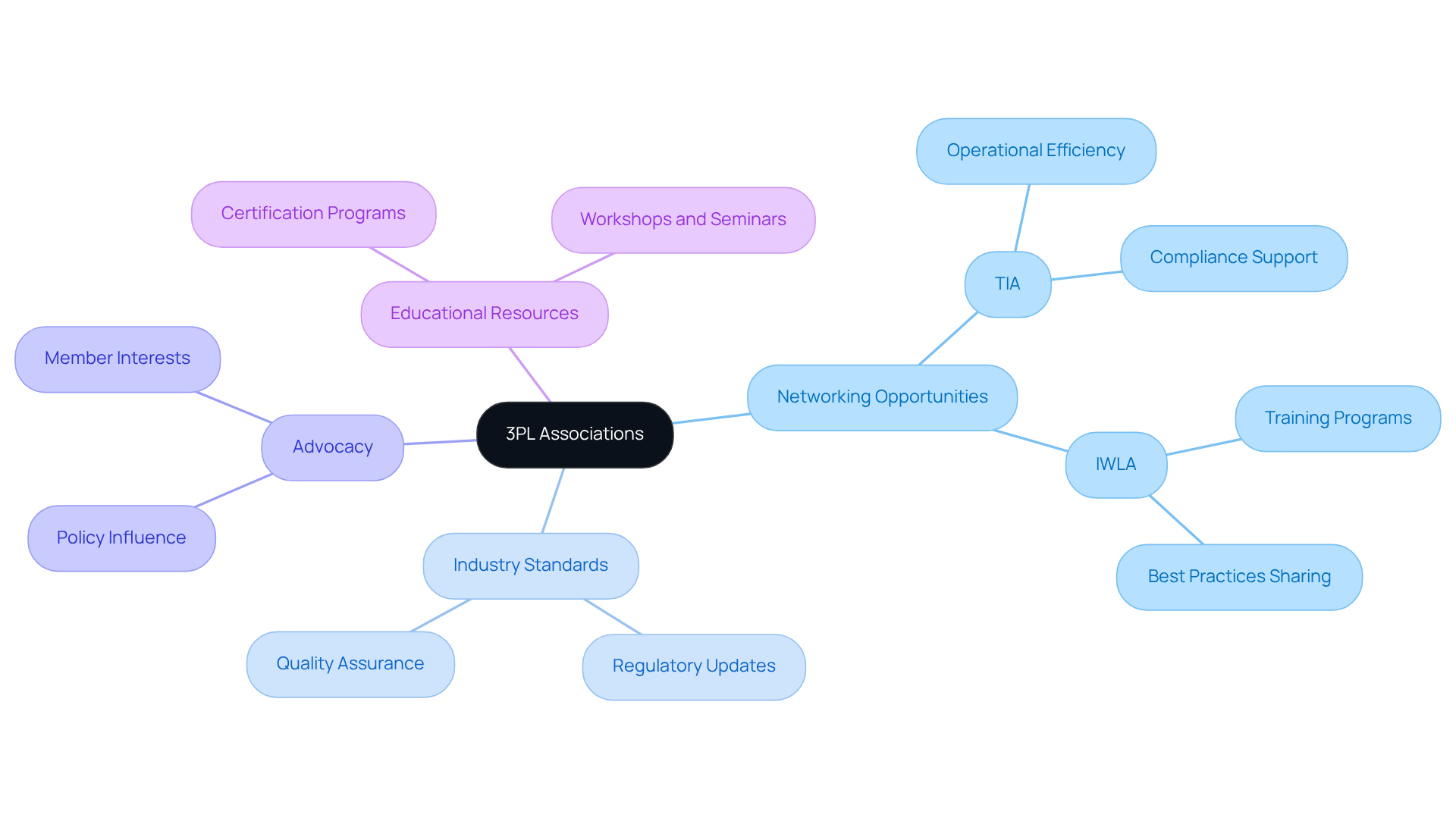 At the center, you have 3PL Associations, and the branches represent their functions such as networking and advocacy. Each sub-branch provides more detail, showing how these functions enhance supply chain efficiency. At the center, you have 3PL Associations, and the branches represent their functions such as networking and advocacy. Each sub-branch provides more detail, showing how these functions enhance supply chain efficiency.