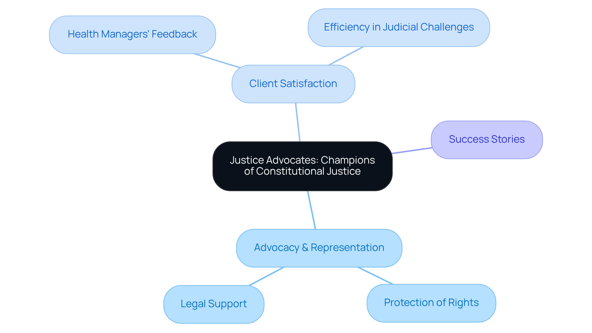 The central node represents Justice Advocates, while the branches show their key roles and achievements. Each branch highlights a different aspect of their work, making it easy to understand their impact in the field of constitutional law.