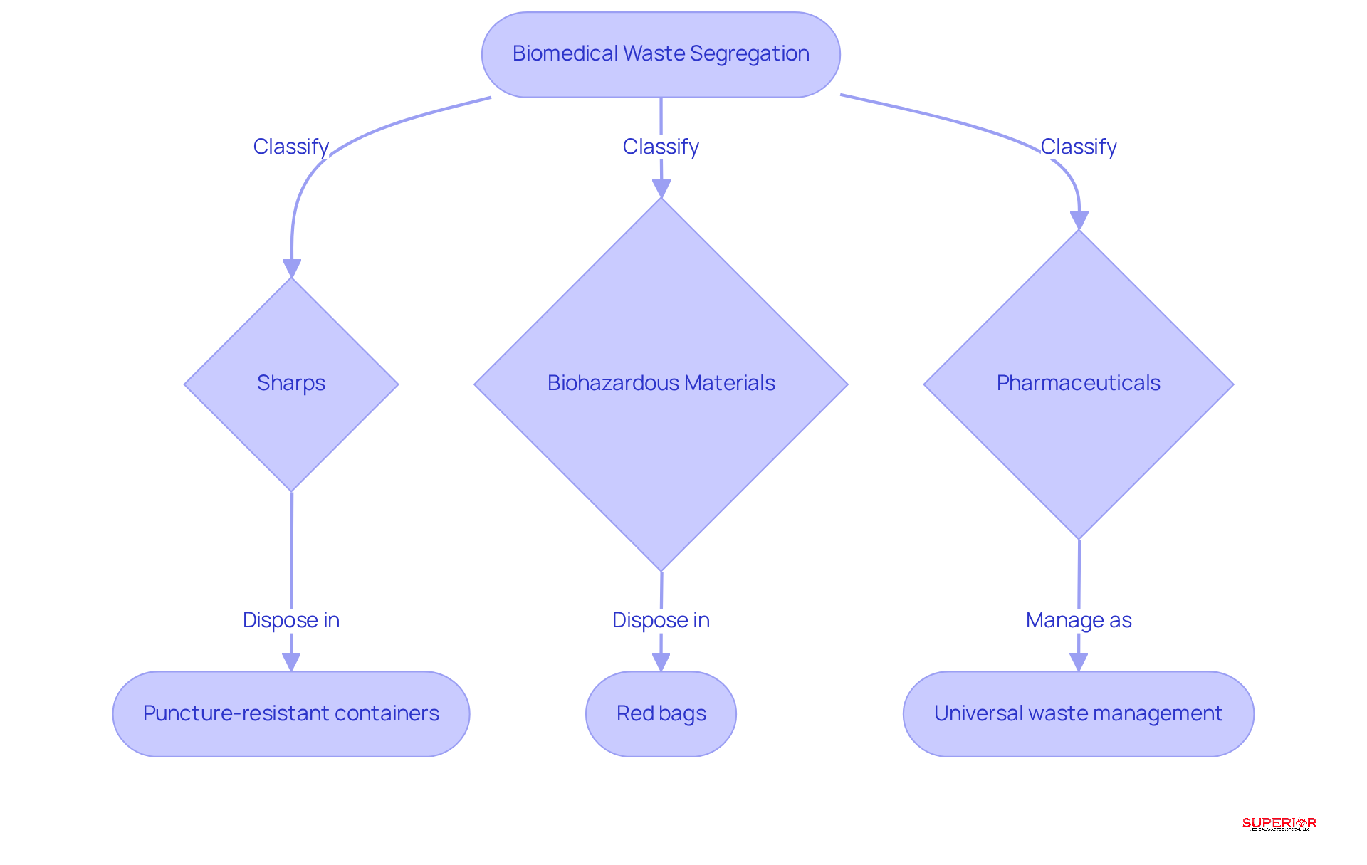 Follow the arrows to see how different types of biomedical waste should be handled. Each path shows the correct disposal method for that waste type, ensuring safety and compliance.