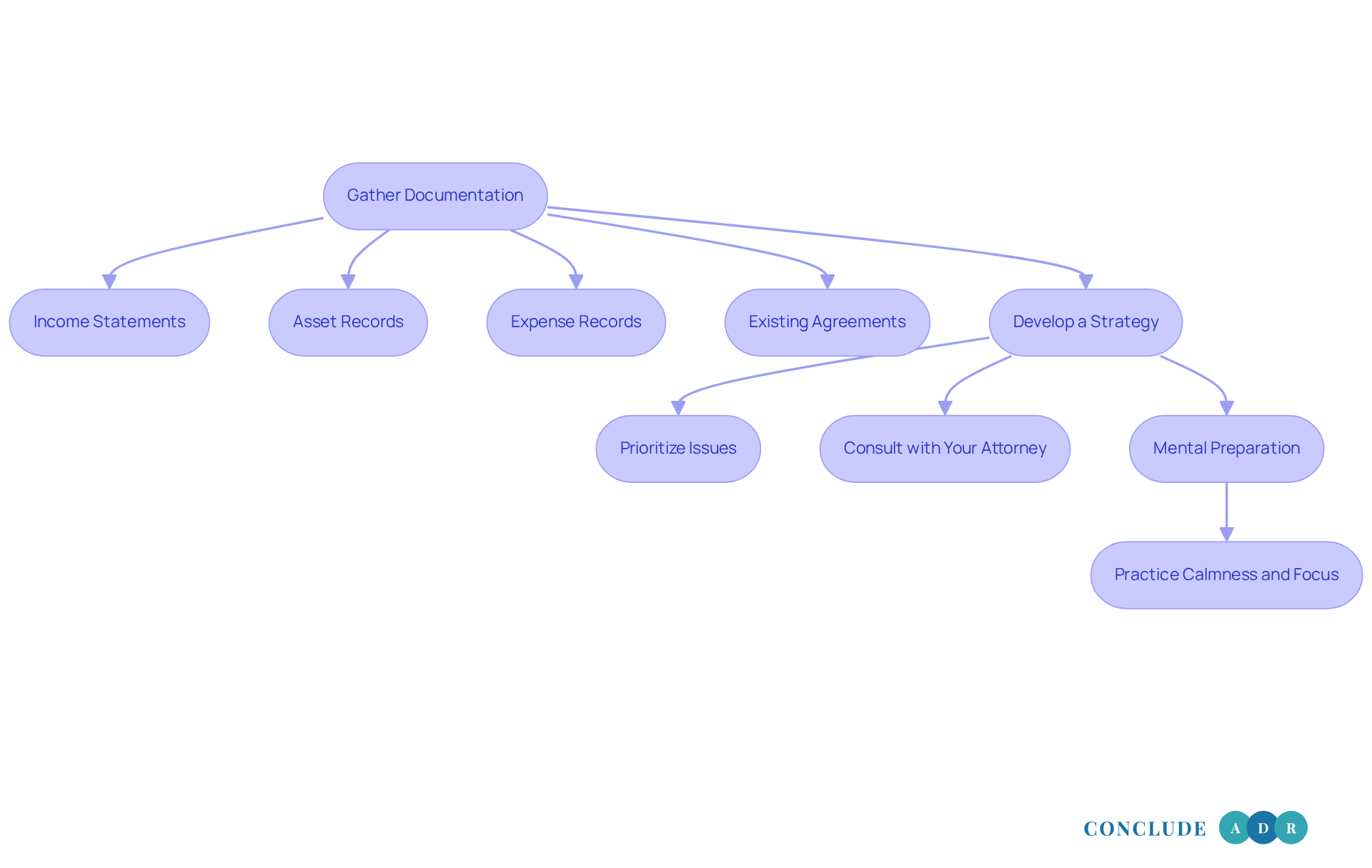 Follow the arrows to see the steps you need to take to prepare for your divorce settlement conference. Each section guides you through gathering necessary documents, developing your strategy, and preparing mentally for the meeting.