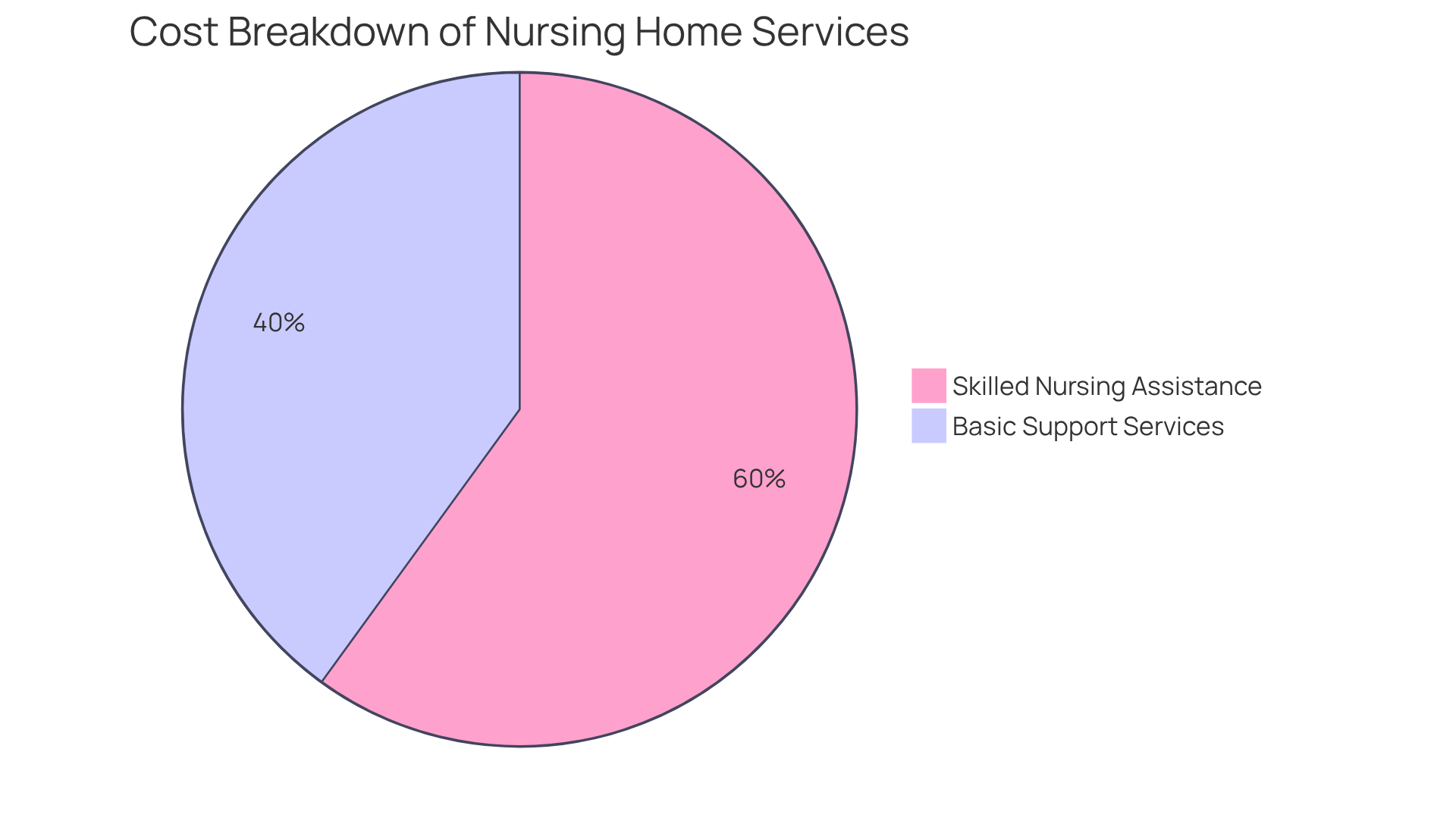 This chart shows how nursing home costs are divided between basic support and skilled nursing services. A larger segment indicates a higher cost associated with that level of care.