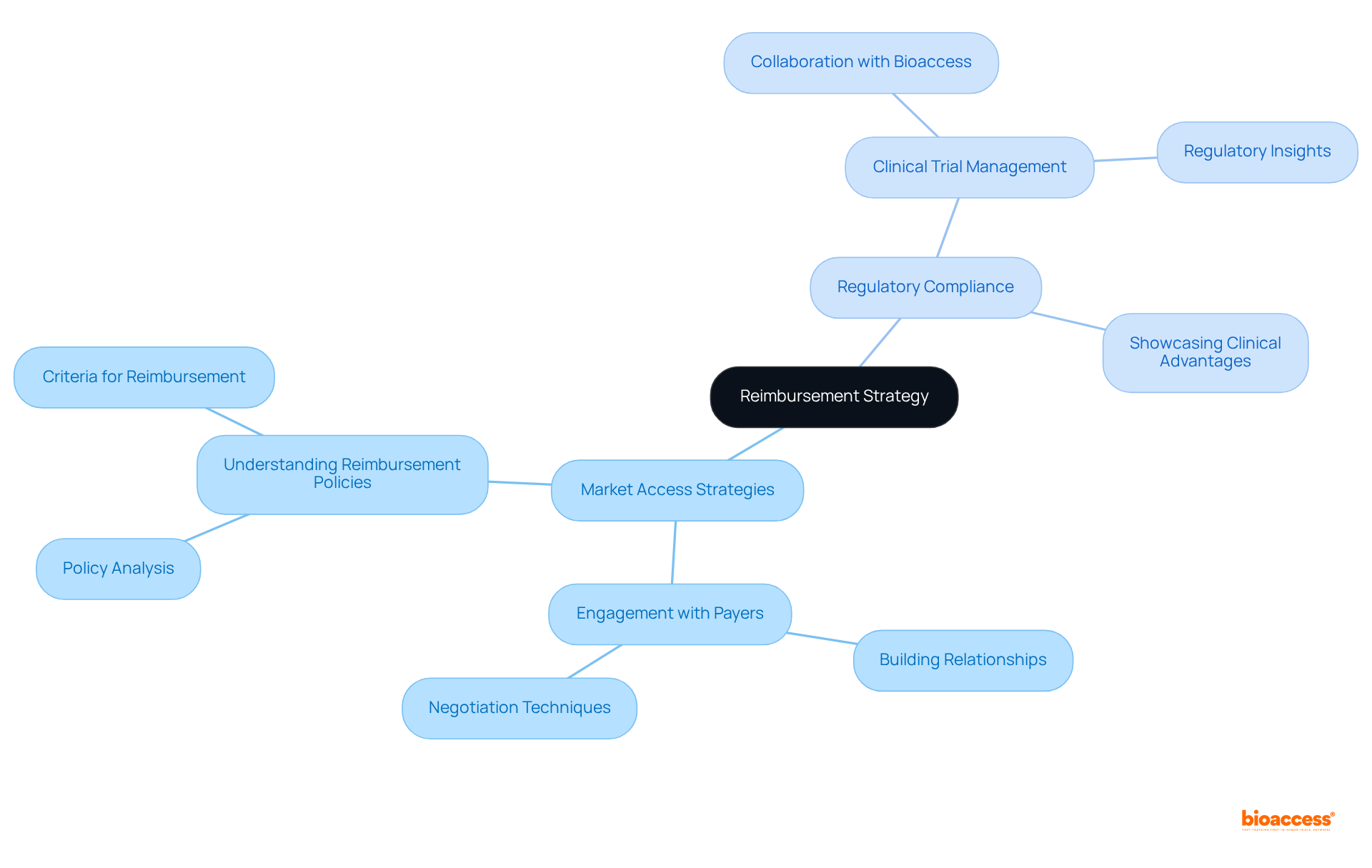 The center represents the overall strategy, while each branch illustrates different focus areas that contribute to securing funding and access for medical technologies. Follow the branches to understand how each component connects and supports the main goal.
