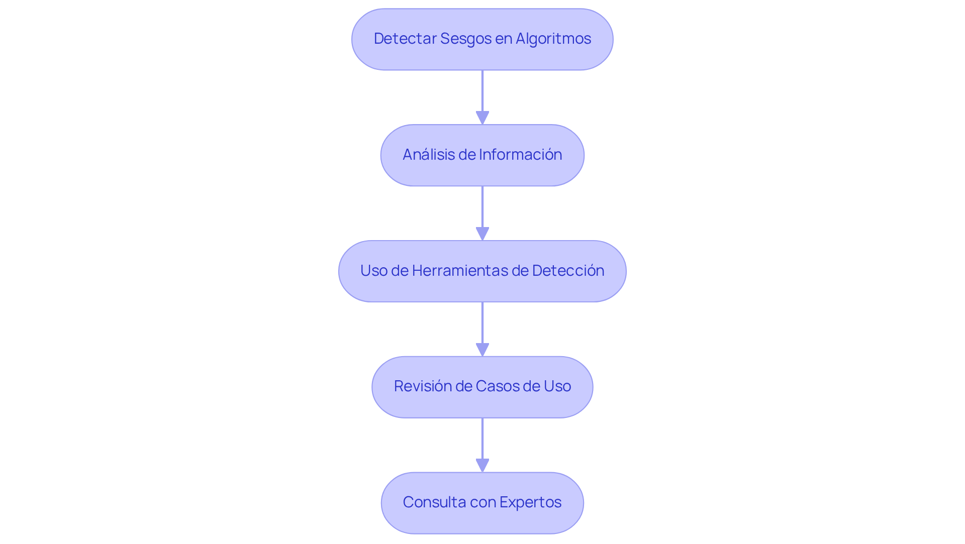Cada cuadro representa un paso en el proceso de detección de sesgos. Sigue las flechas para ver cómo cada paso se conecta con el siguiente, ayudando a las organizaciones a mejorar la equidad en sus procesos.