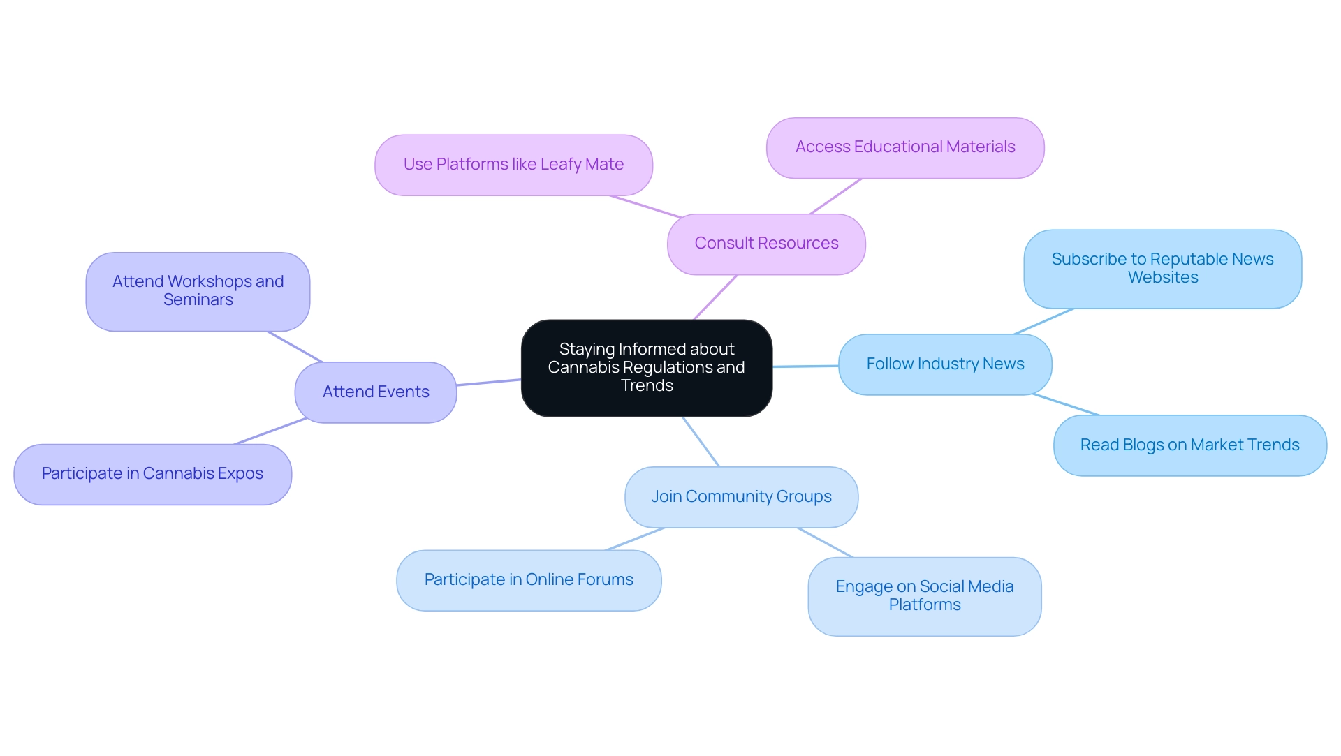 The central node represents the main theme, with branches indicating specific strategies. Each color corresponds to a different strategy for easy identification.