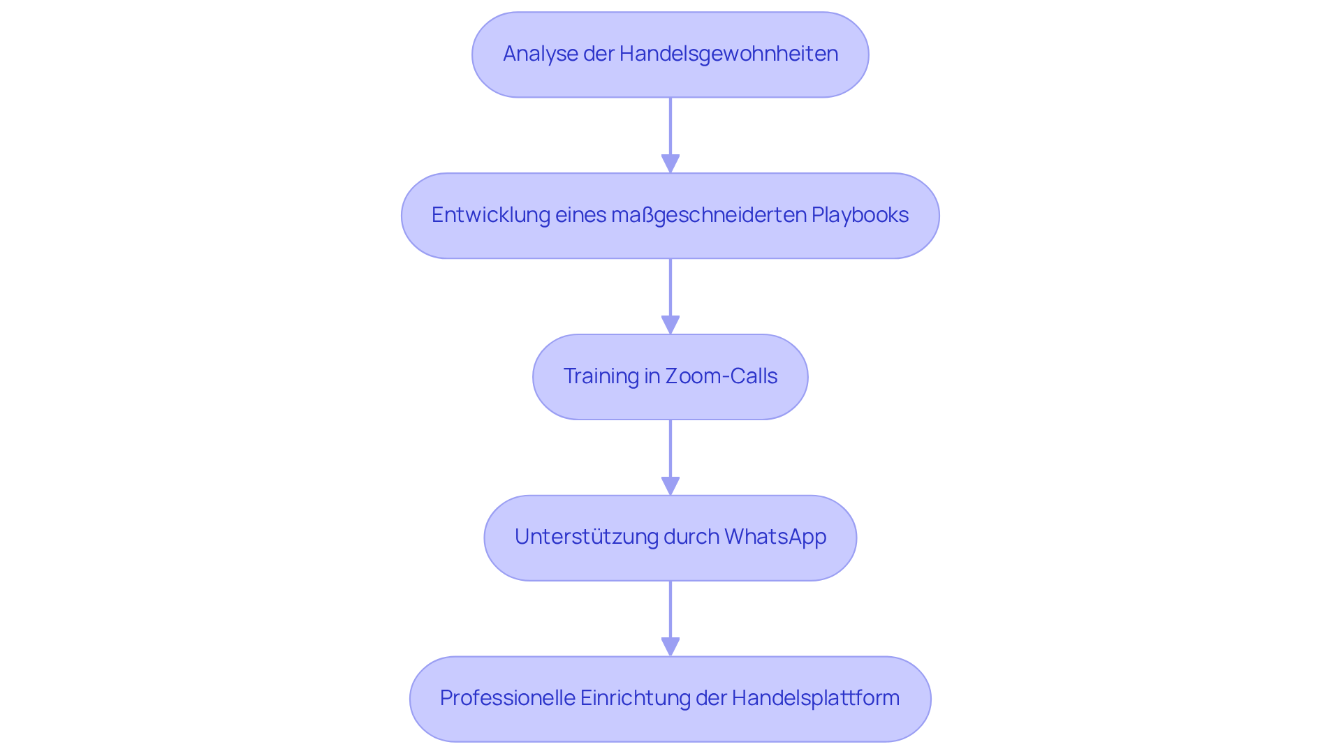 Jeder Schritt zeigt eine Phase im Coaching-Prozess - folgen Sie den Pfeilen, um zu sehen, wie Trader durch das Programm geführt werden.