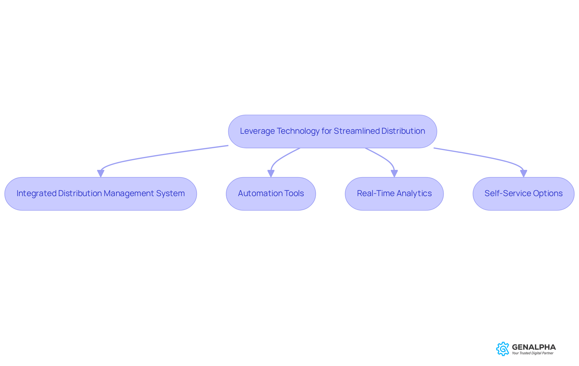 Each box represents a strategy to improve distribution. Follow the arrows to see how these strategies connect to the main goal of enhancing efficiency and client satisfaction.