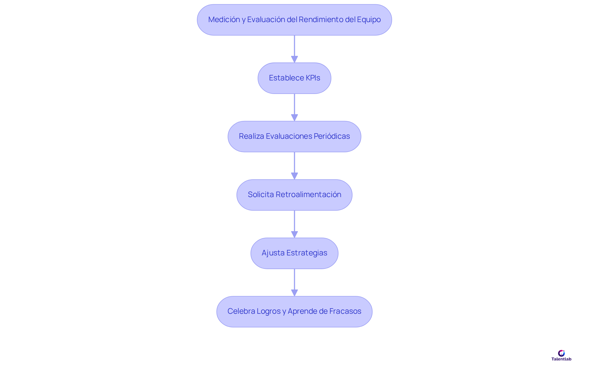 Cada paso en el diagrama representa una acción que debes seguir para evaluar el rendimiento del equipo. Sigue las flechas para ver cómo cada acción se conecta con la siguiente y contribuye al éxito general.