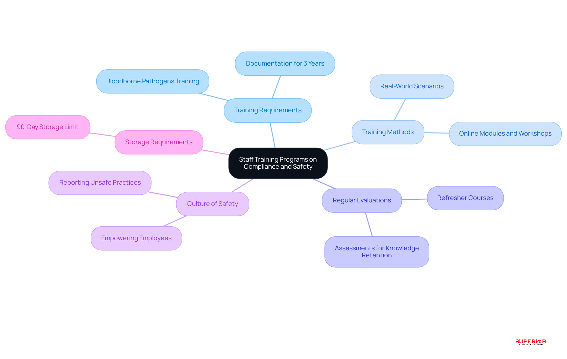 The central node represents the main training program, while the branches show different aspects of the training, including requirements and methods. Each sub-point provides specific actions or considerations related to compliance and safety.