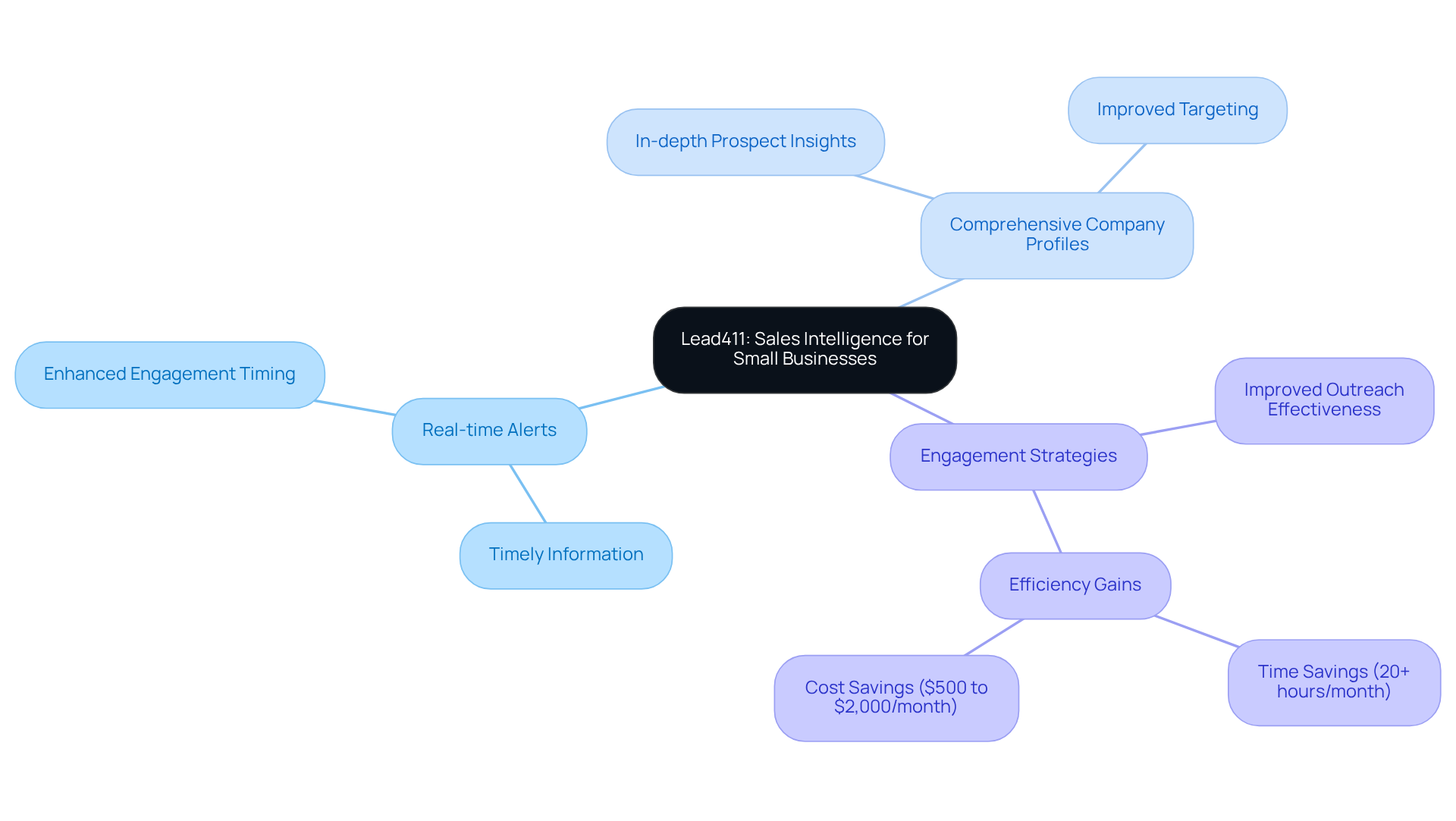 The central idea is Lead411, with branches illustrating its features and specific benefits. Each color-coded branch leads to sub-points that detail how these features impact small business success. The central idea is Lead411, with branches illustrating its features and specific benefits. Each color-coded branch leads to sub-points that detail how these features impact small business success.