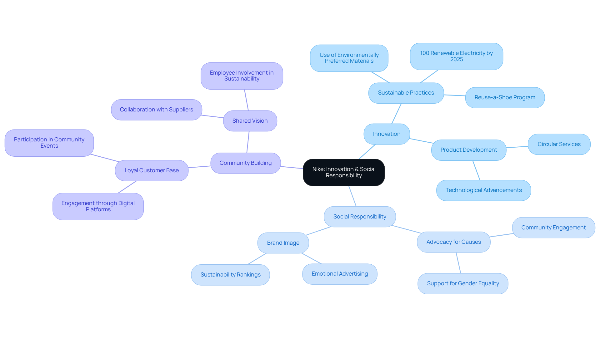 The central node represents Nike's dual focus, while the branches show how innovation and social responsibility connect and support each other, inspiring startups to follow suit.