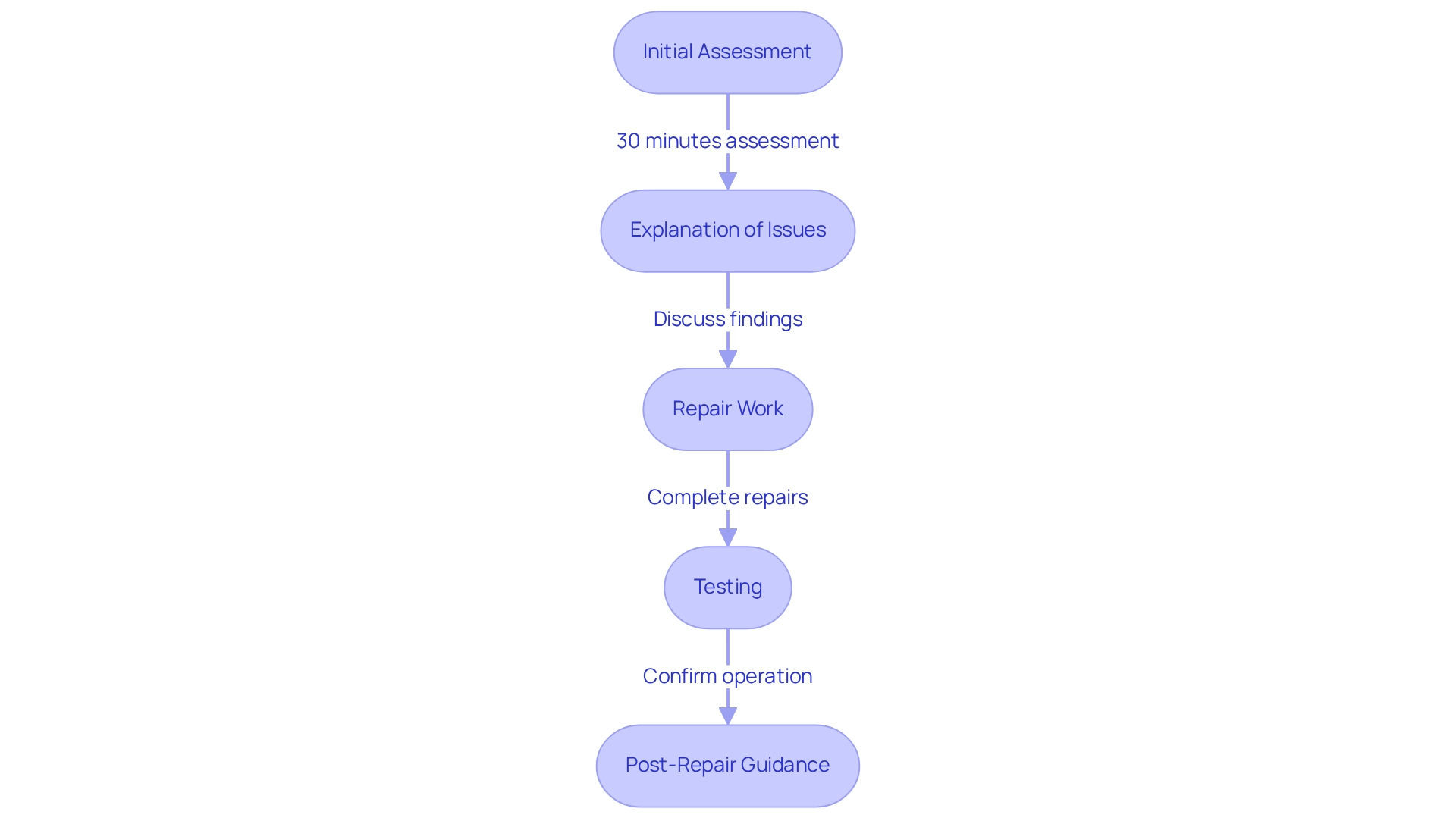 Each box outlines a step in the repair journey. Follow the arrows to see how the process unfolds, from the assessment to the final guidance on maintenance.