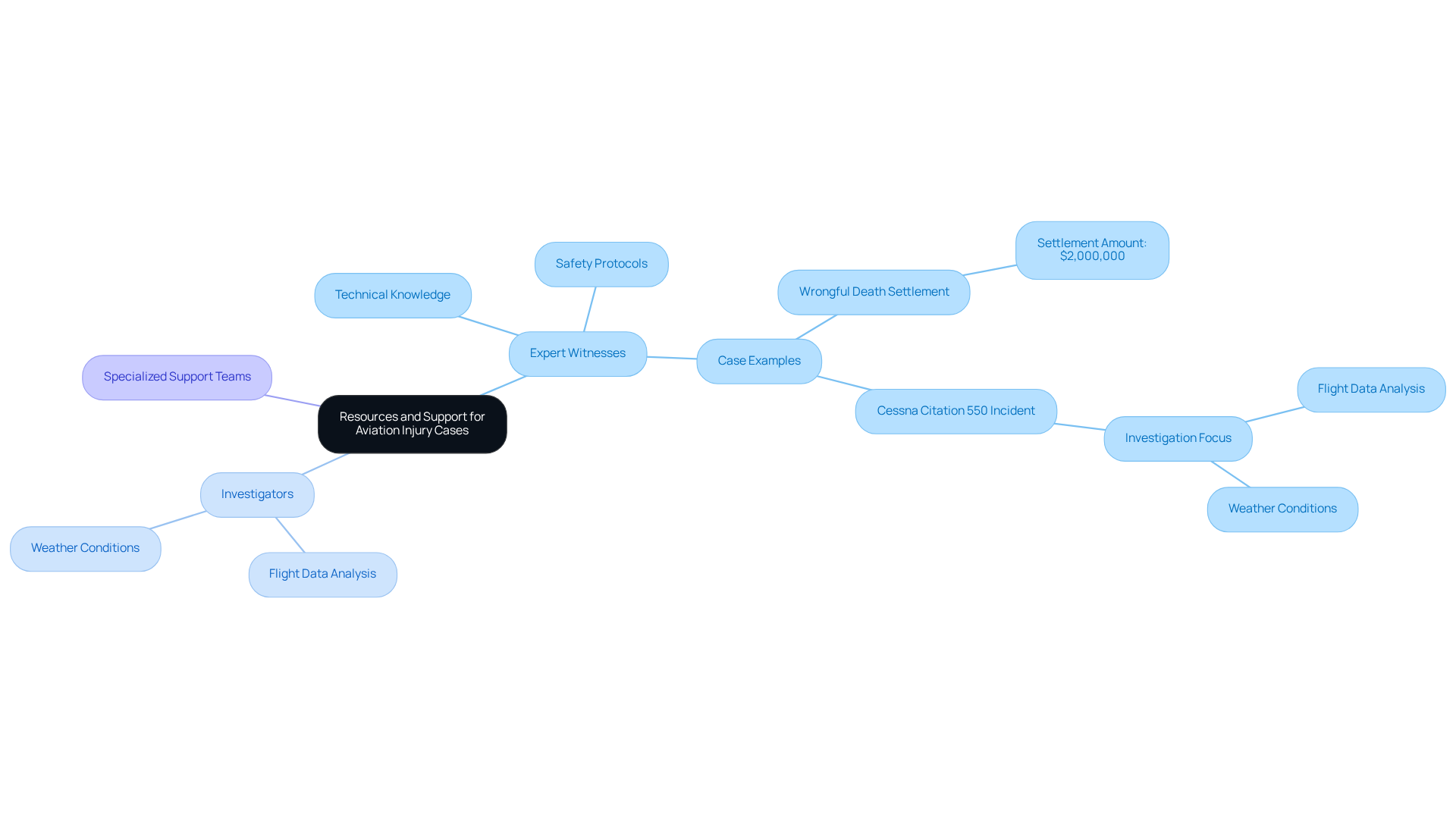 Start at the center with the main topic, then follow the branches to explore different resources and how they support legal cases. Each branch represents a crucial element that can influence the outcome of an aviation injury case. Start at the center with the main topic, then follow the branches to explore different resources and how they support legal cases. Each branch represents a crucial element that can influence the outcome of an aviation injury case.