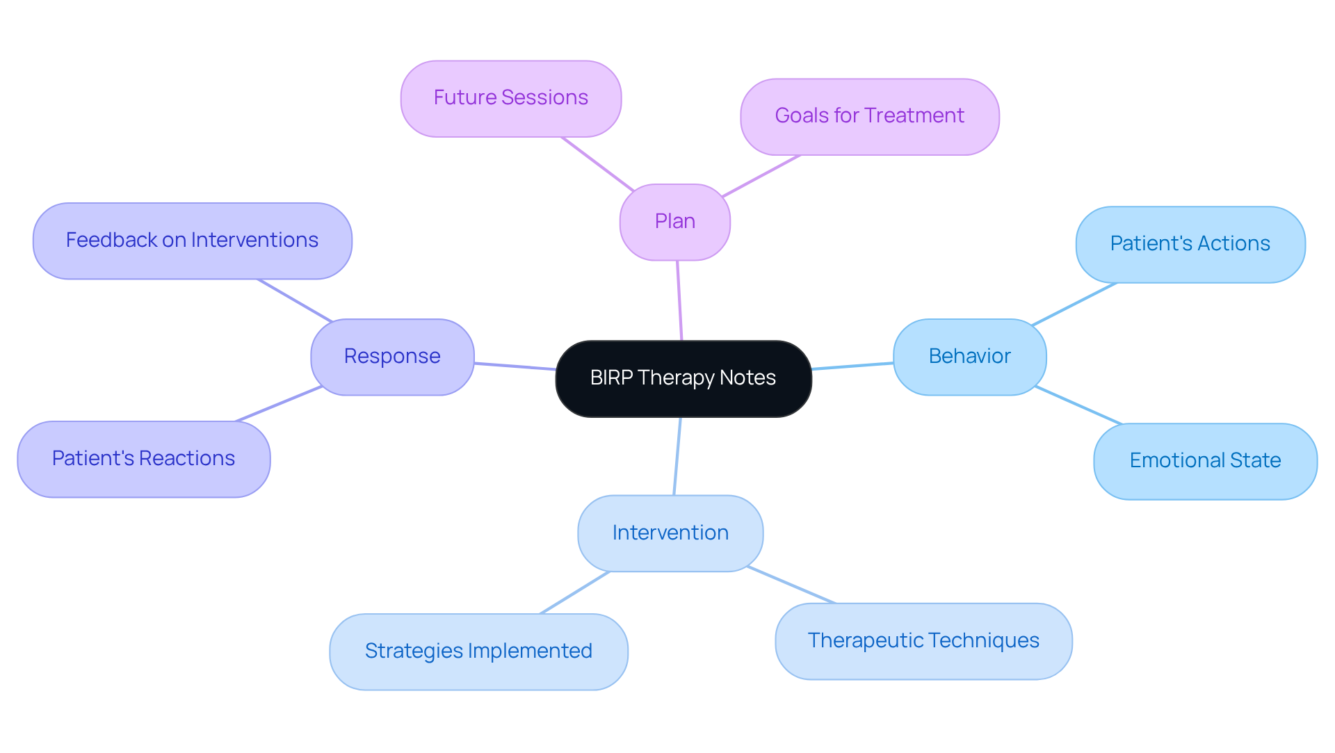 The center represents the overall BIRP documentation framework, while the branches illustrate the key components that contribute to thorough patient interactions. Follow the branches to explore each area of focus in your therapy notes.