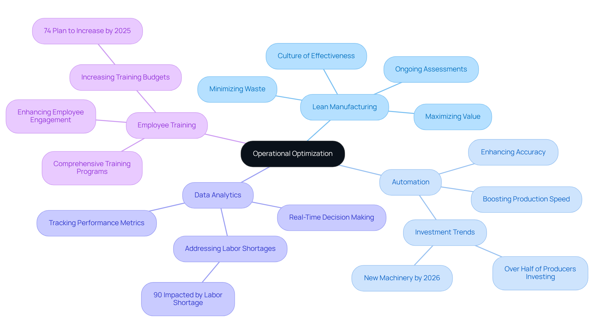 The center represents the main goal of optimizing operations, while the branches show different strategies. Each strategy has its own details that explain how it contributes to the overall objective.