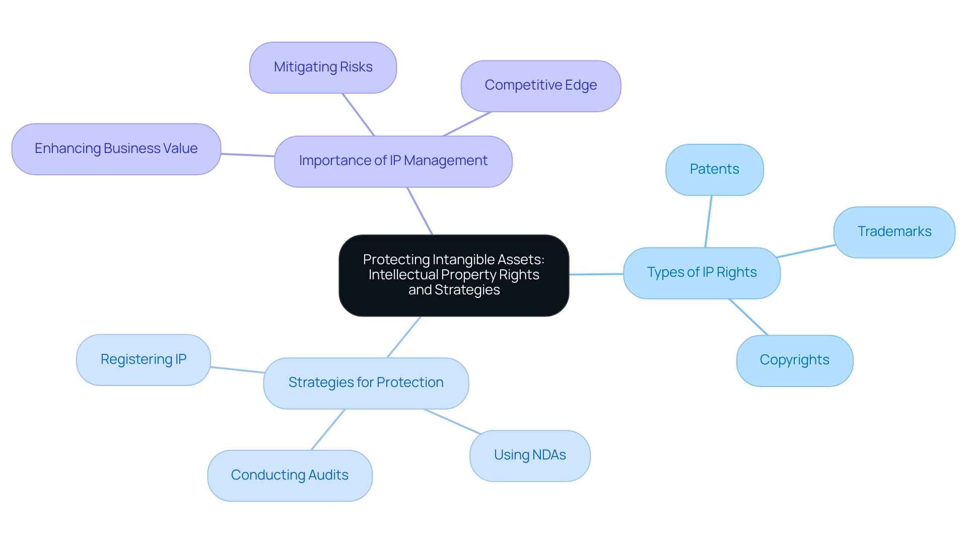 The central node represents the main theme, with branches illustrating types of IP rights and strategies for protection.