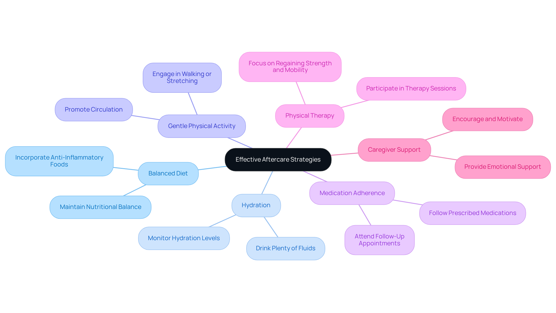 Start with the main strategy in the center. Each branch represents a different aftercare approach, with further details on how to implement each one. This visual will help you see all the ways to support your recovery journey.