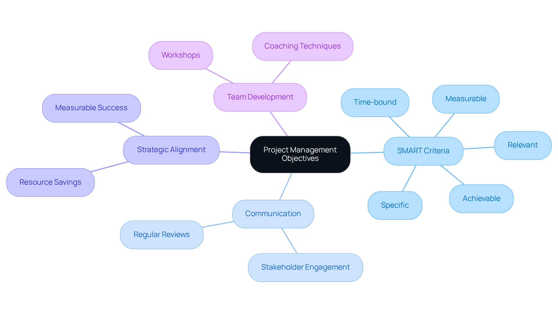 The central node represents the main focus of project management objectives. Each branch shows a key area related to achieving success, with further details on how to implement these strategies. Follow the branches to see how each component contributes to effective project management. The central node represents the main focus of project management objectives. Each branch shows a key area related to achieving success, with further details on how to implement these strategies. Follow the branches to see how each component contributes to effective project management.