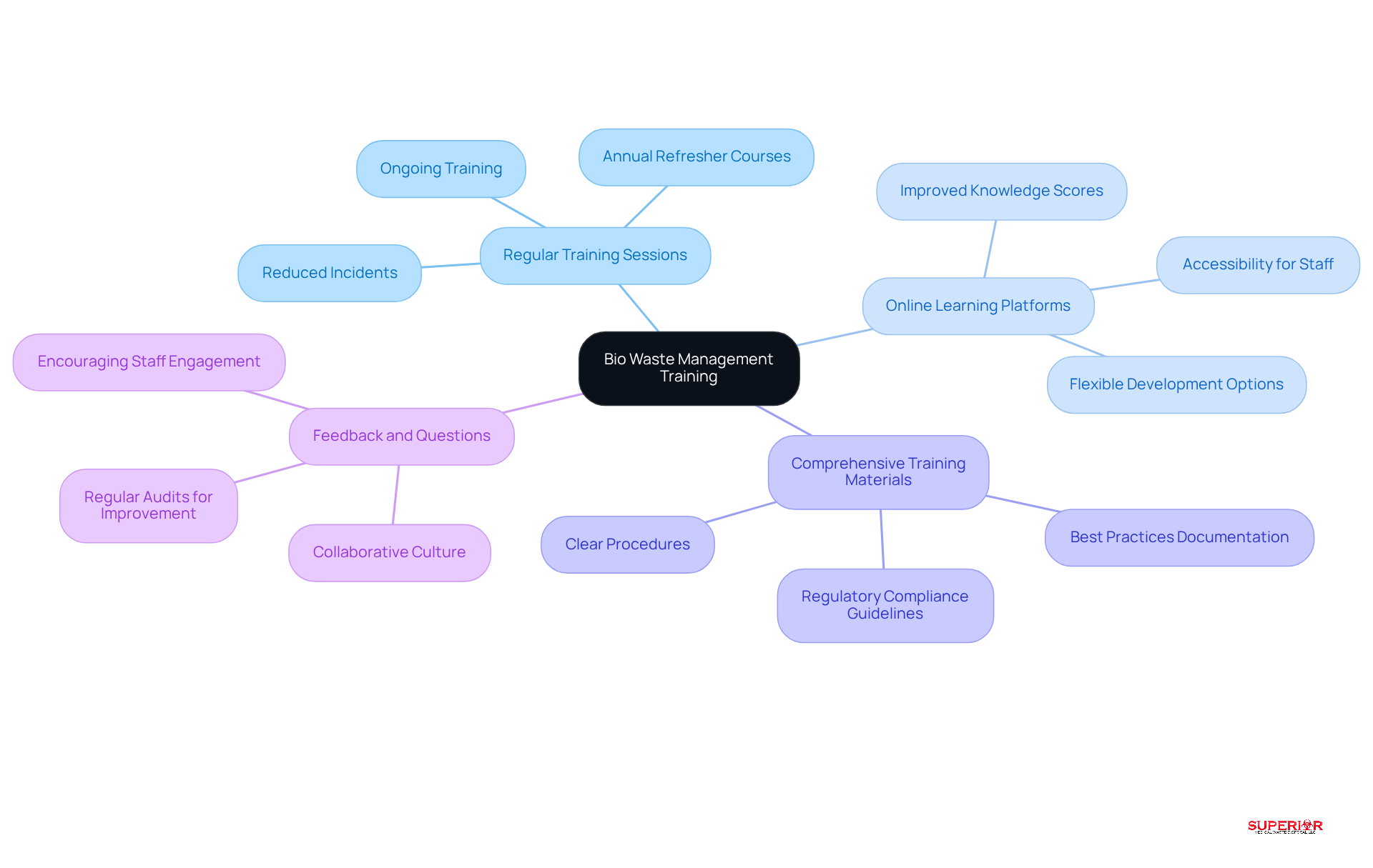 The center represents the main focus on training, with branches showing different strategies. Each sub-branch highlights specific actions or benefits, helping you understand how each part contributes to effective bio waste management.