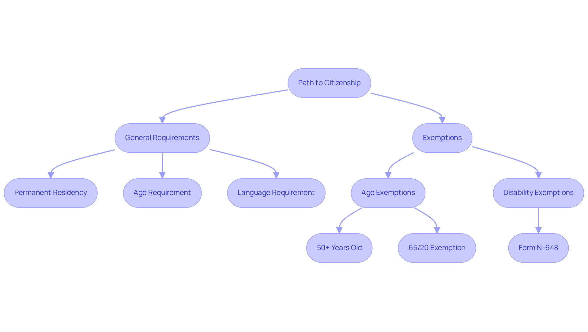 This flowchart guides you through the steps to citizenship, showing general requirements and specific exemptions for age and disability. Follow the arrows to see how each requirement connects and what exemptions you might qualify for.