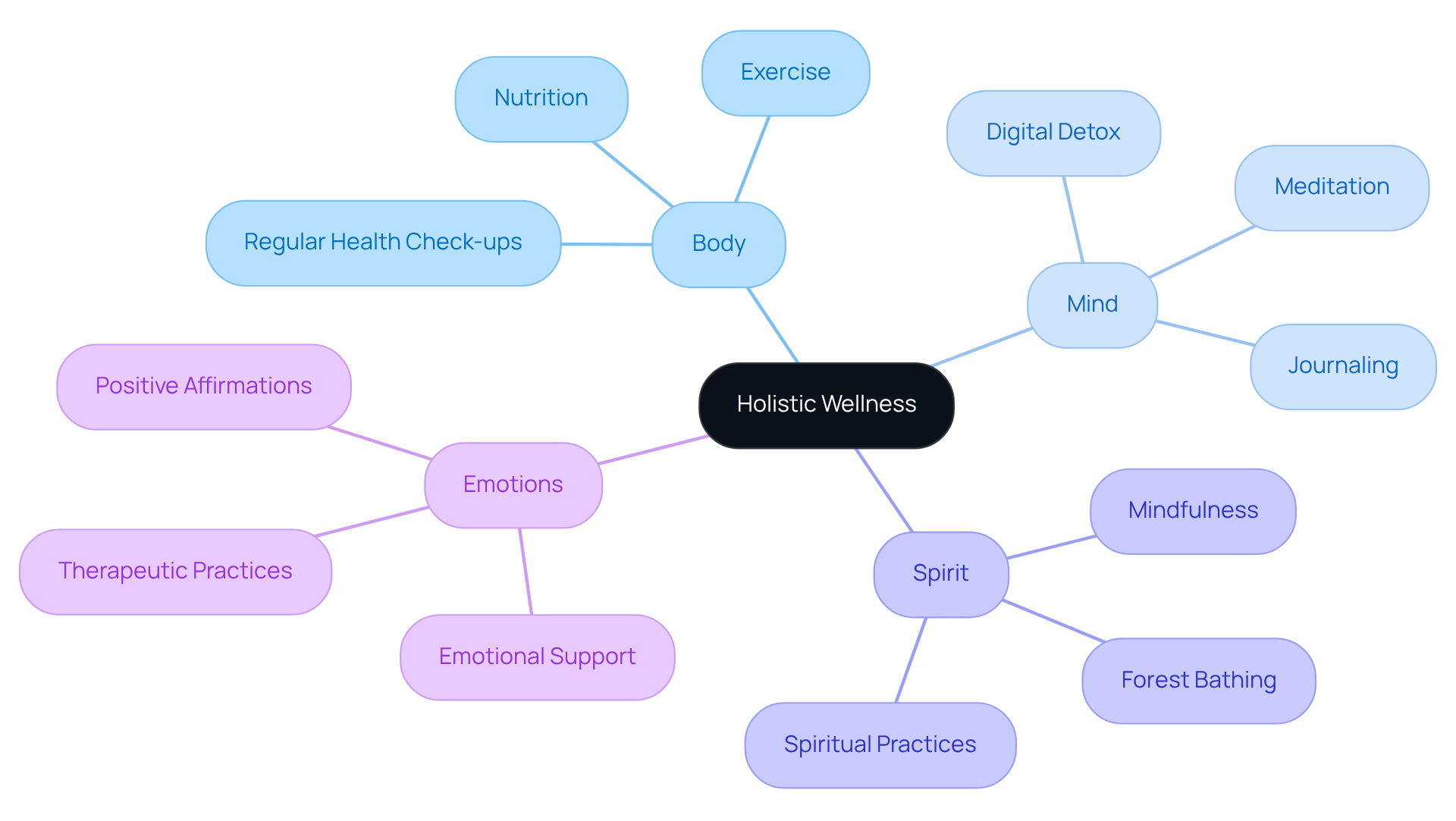 The central node represents holistic wellness, while the branches show the key areas that contribute to it. Each sub-branch provides specific practices or elements that enhance that area of wellness.