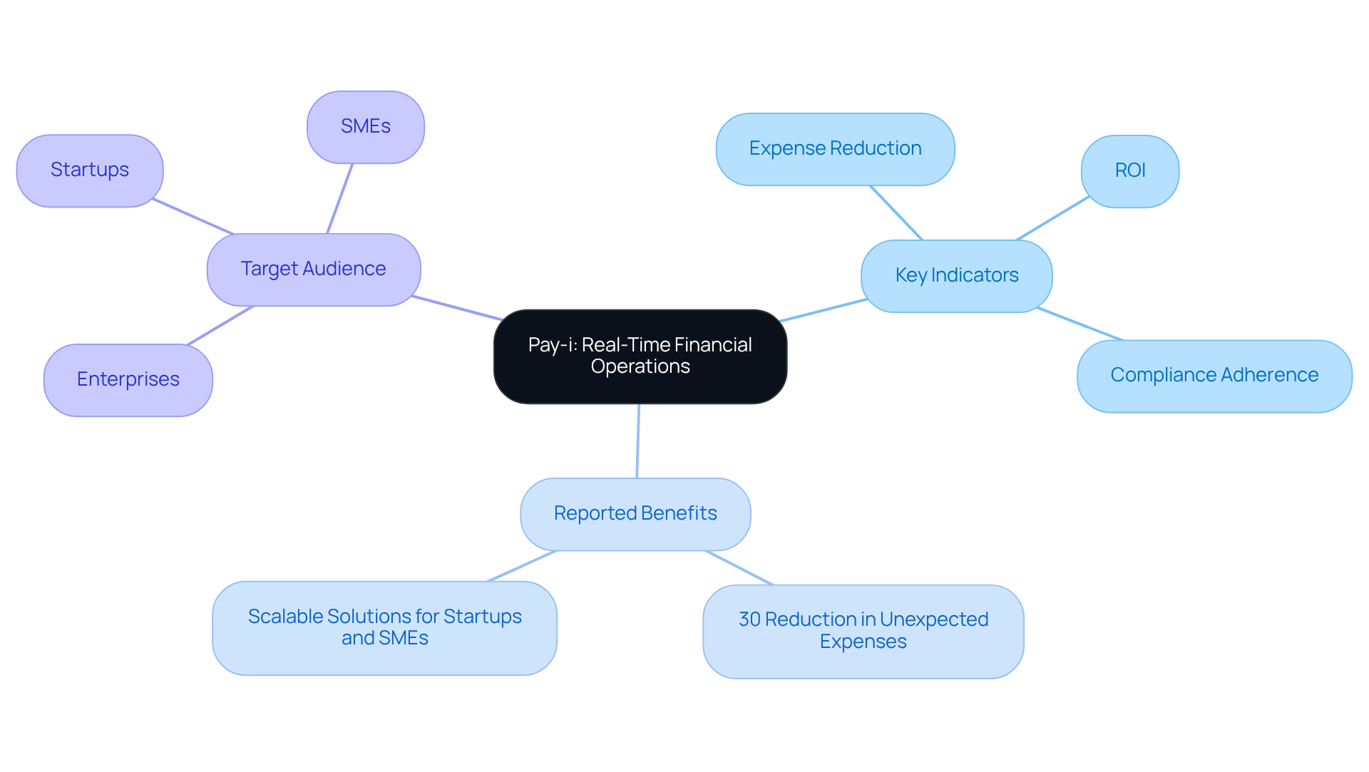 The central node represents Pay-i's core function, while the branches show key indicators, benefits, and the target audience. Each branch highlights important aspects of how Pay-i supports financial management in AI investments.