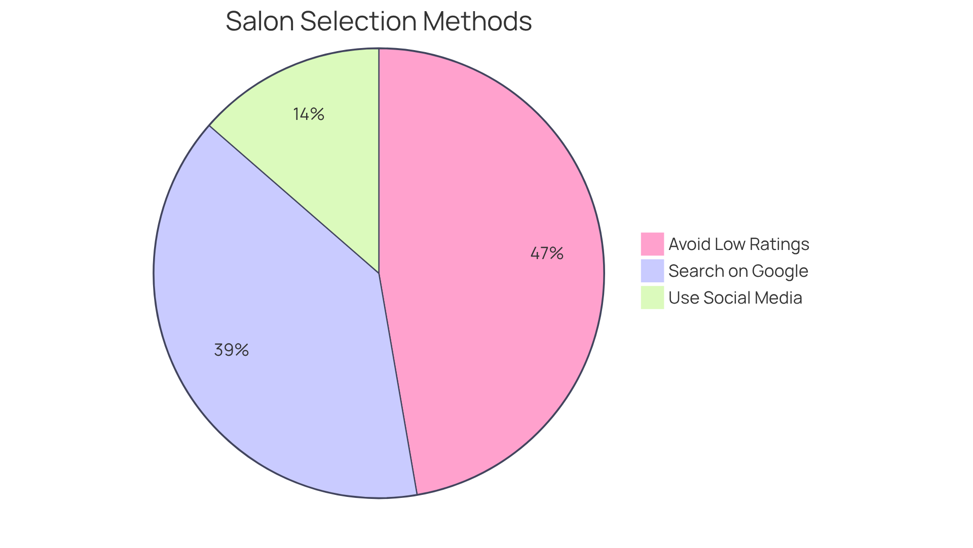 Each slice of the pie shows how many people rely on different methods to choose a salon. The bigger the slice, the more people use that method - helping you see where to focus your search!