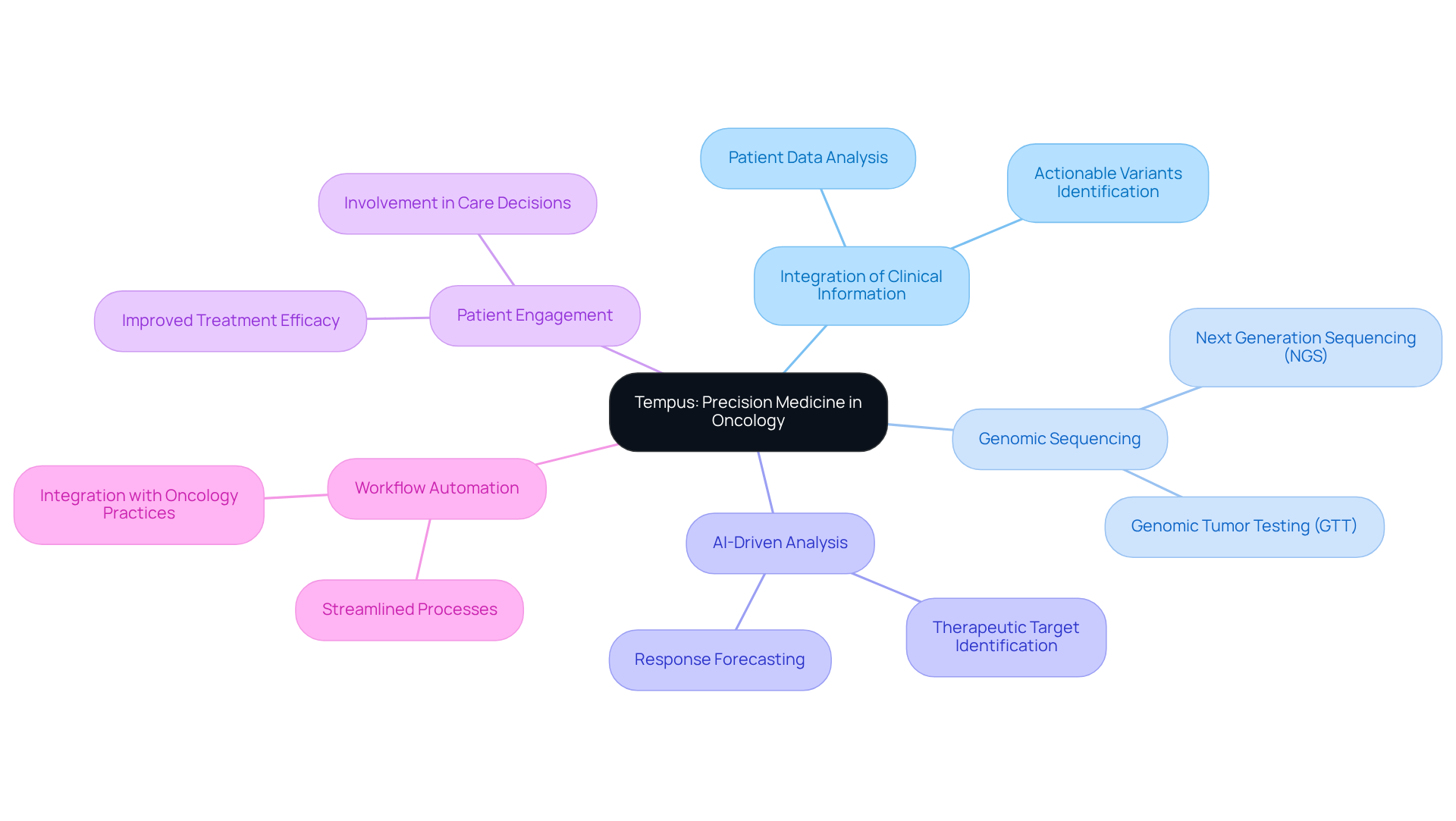 The center represents Tempus's innovative approach to oncology, with branches showing how different elements work together to personalize patient care. Each color-coded branch highlights a specific aspect of their strategy.
