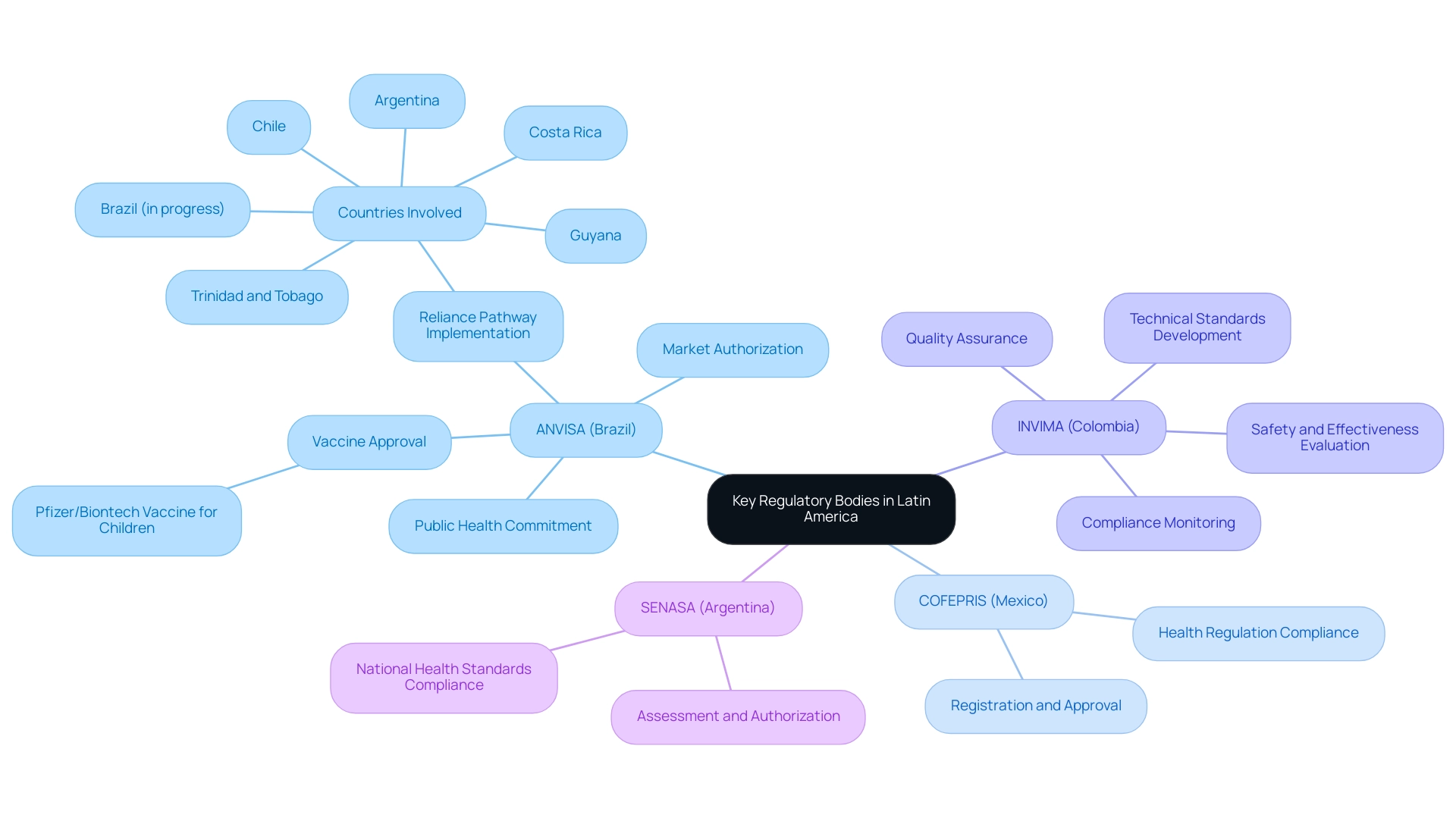 Each branch represents a regulatory body, with sub-branches illustrating their specific roles and functions in the healthcare product oversight process.