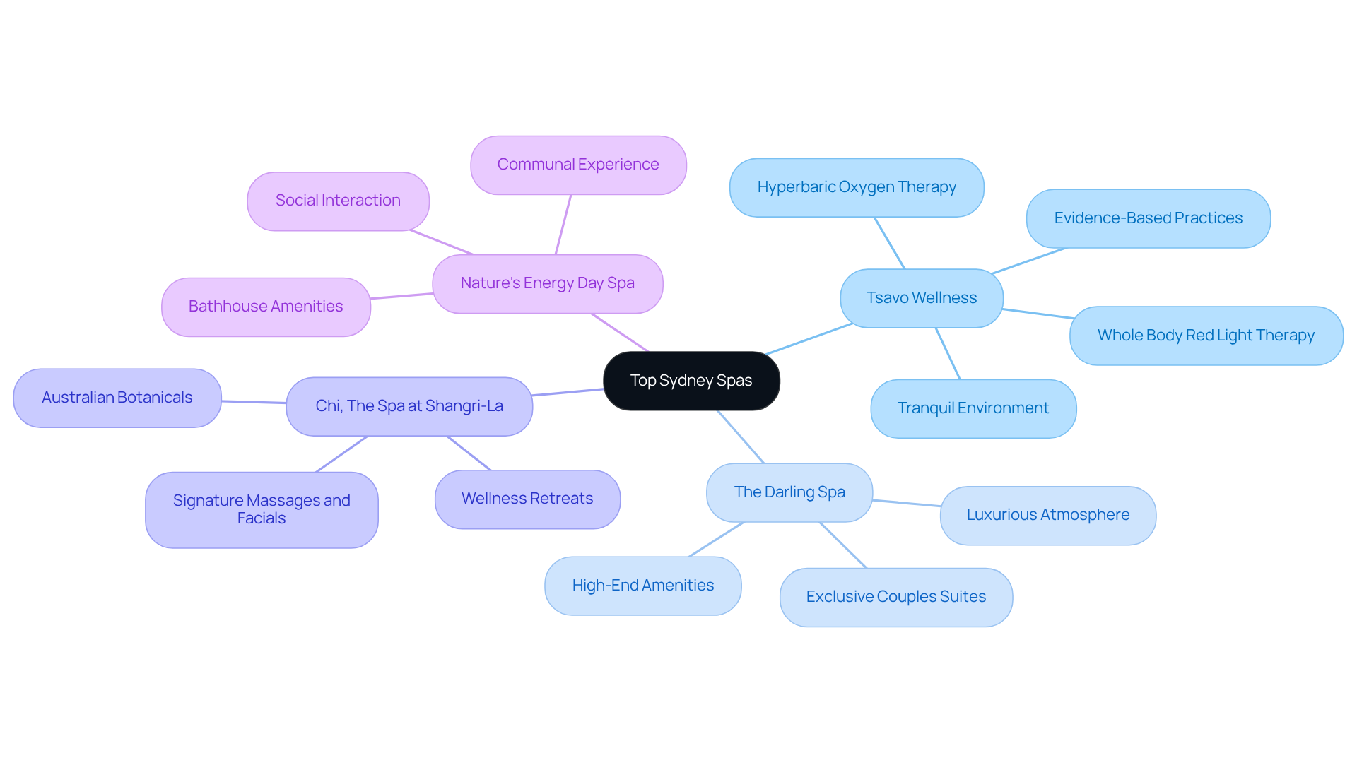 The central node represents the overall topic, while the branches highlight different spas. Each sub-branch details unique treatments or experiences, making it easy to see what each spa specializes in.