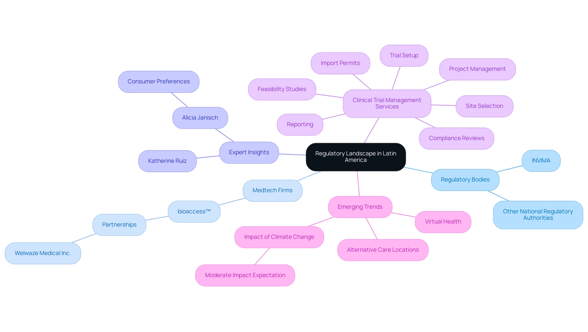 Each branch represents a key area of focus, with sub-branches detailing specific entities, services, or insights relevant to navigating regulations in Latin America.