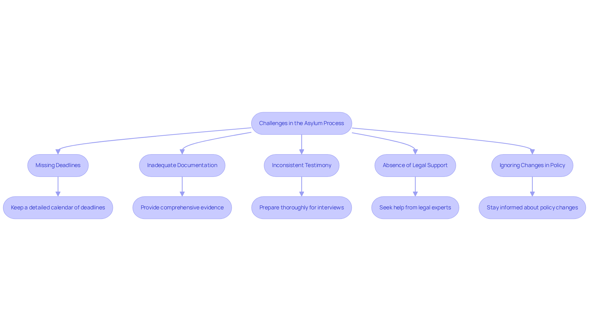This flowchart illustrates common pitfalls in the asylum process and offers strategies to avoid them. Each box represents a challenge, and the arrows guide you through the steps you can take to overcome these obstacles. This flowchart illustrates common pitfalls in the asylum process and offers strategies to avoid them. Each box represents a challenge, and the arrows guide you through the steps you can take to overcome these obstacles.