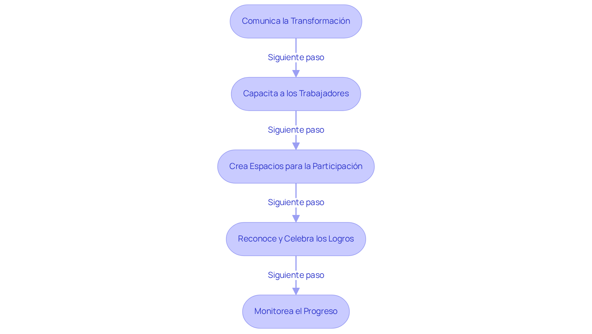 Cada cuadro representa un paso en el proceso de cambio. Sigue las flechas para ver cómo cada etapa lleva a la siguiente, ayudando a entender cómo se implementa la estrategia de manera efectiva.