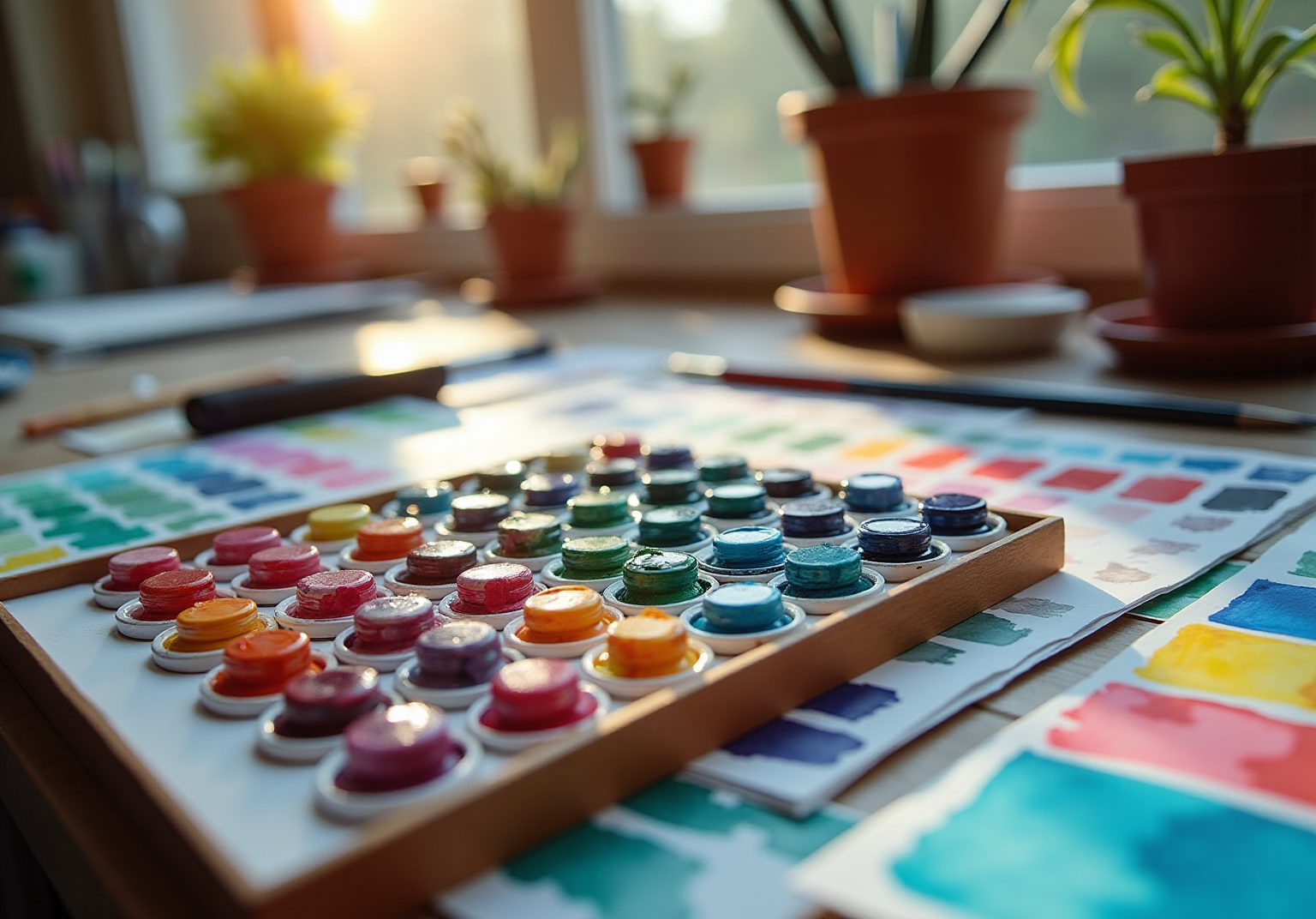 Vibrant Watercolor Palette in an Art Studio
