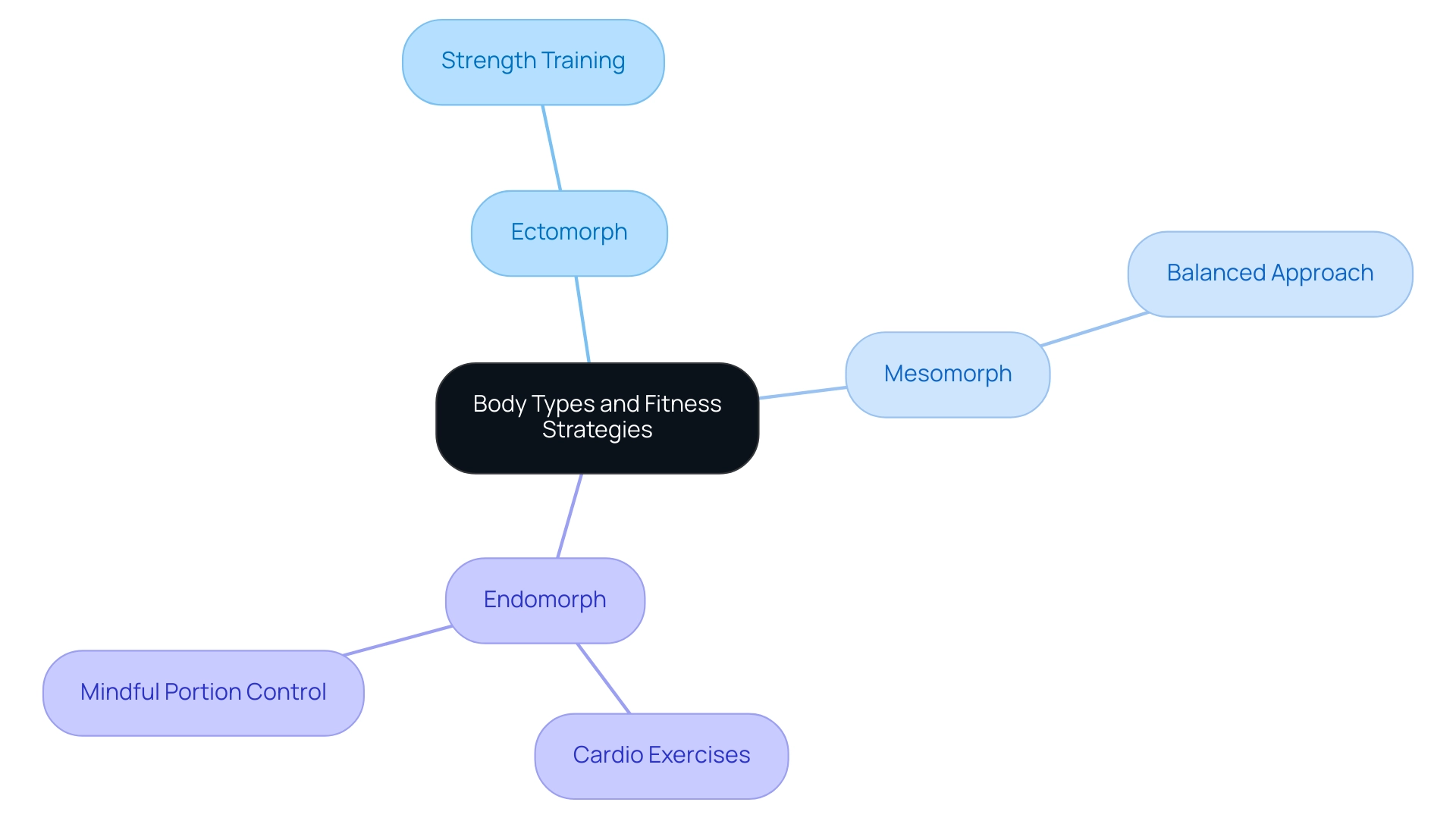 The central node represents body types, with branches illustrating specific fitness strategies related to each physique type.