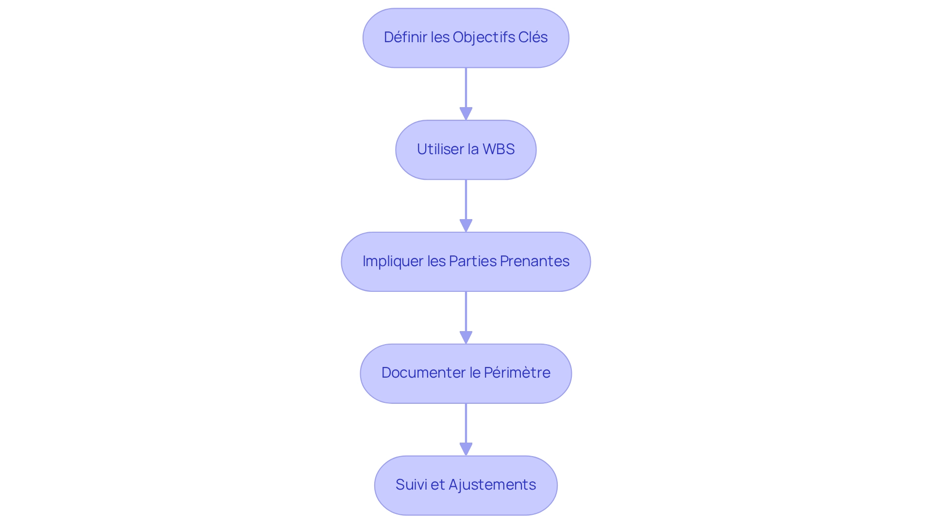 Chaque étape représente une partie essentielle du processus de définition du périmètre. Suivez les flèches pour voir comment chaque étape mène à la suivante pour garantir le succès de l'initiative.