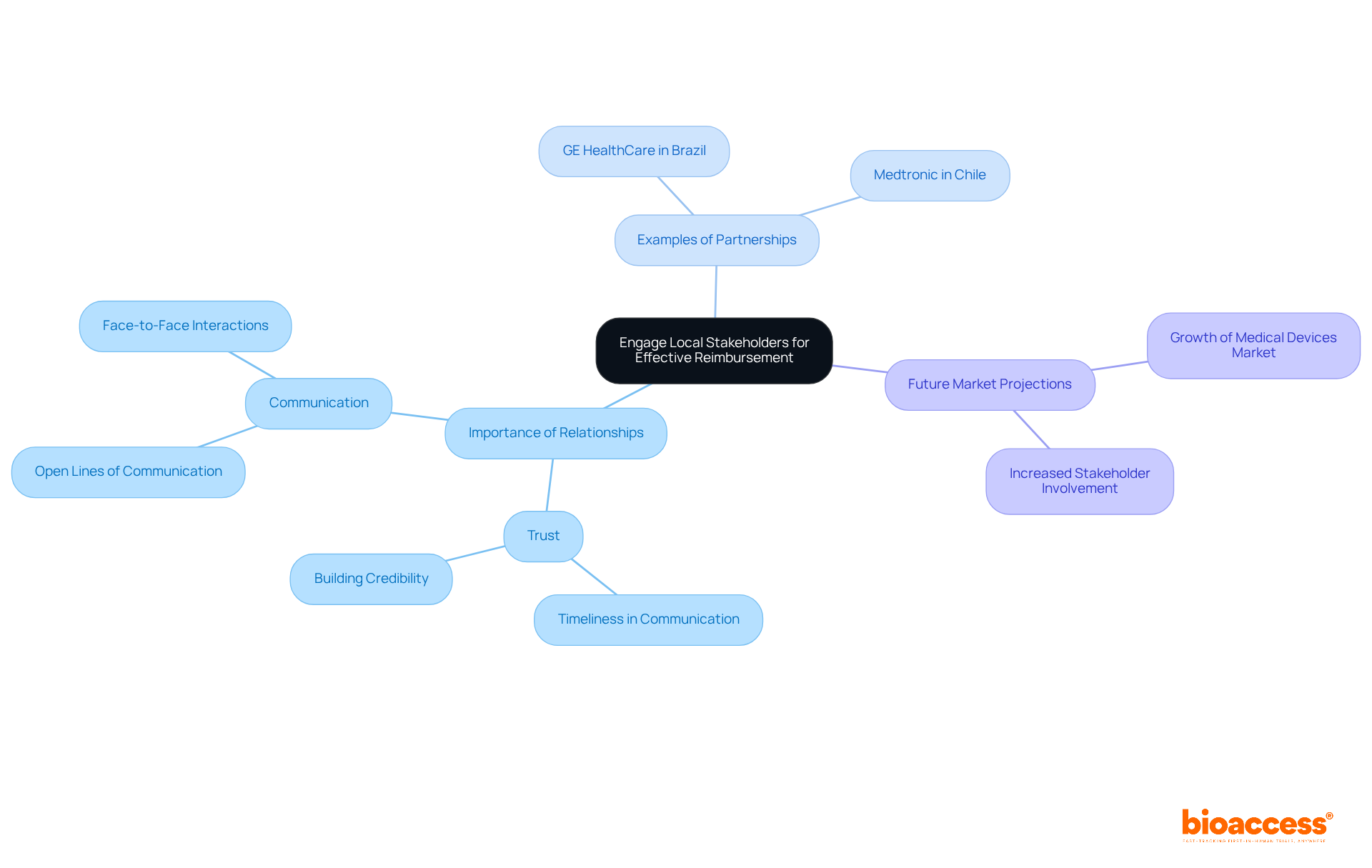 The central idea is about engaging stakeholders, with branches showing why it's important, examples of successful partnerships, and what the future holds for the market. Each branch helps you see how these elements connect to the main goal.