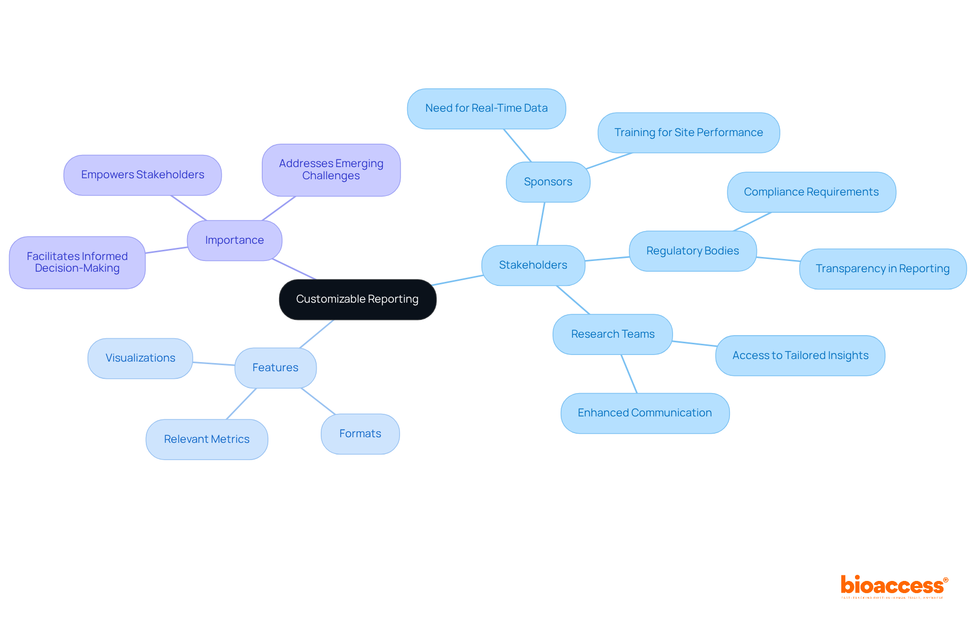 The central idea is customizable reporting, with branches showing different stakeholders and features. Each sub-node highlights specific aspects, making it easy to see how they connect and contribute to effective decision-making.