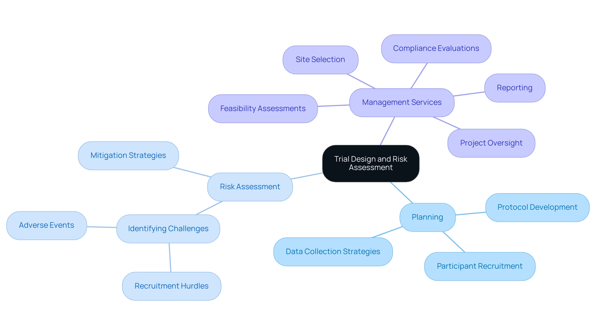 The central node represents the overall theme of trial design and risk assessment, with branches for planning, risk assessment, and management services, each with subcategories.