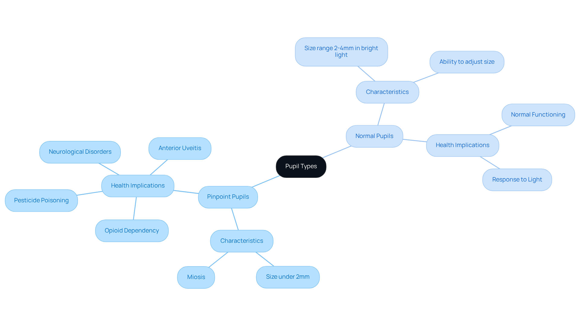 This mindmap helps you visualize the differences between pinpoint and normal pupils. Each branch shows key characteristics and health implications, making it easier to understand how pupil size can relate to your health.
